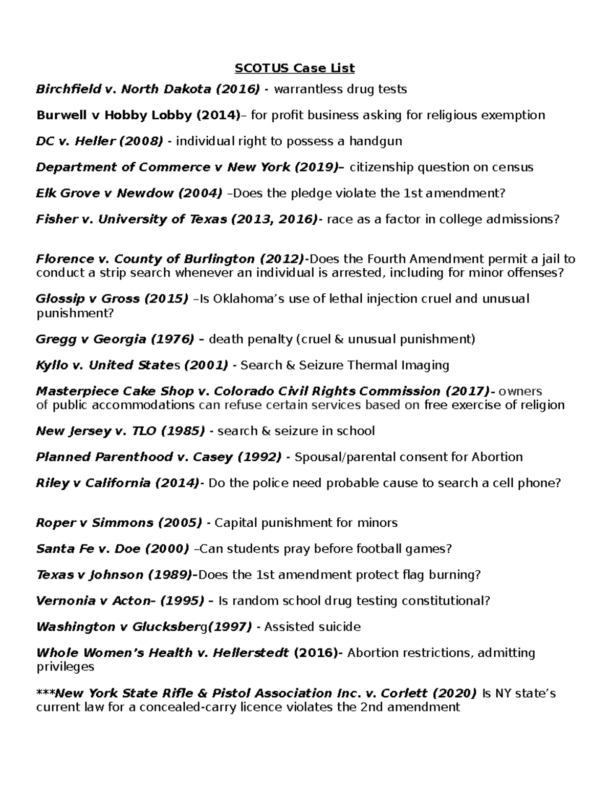 Scotus CASE LIST - SCOTUS Case List Birchfield v. North Dakota (2016 ...