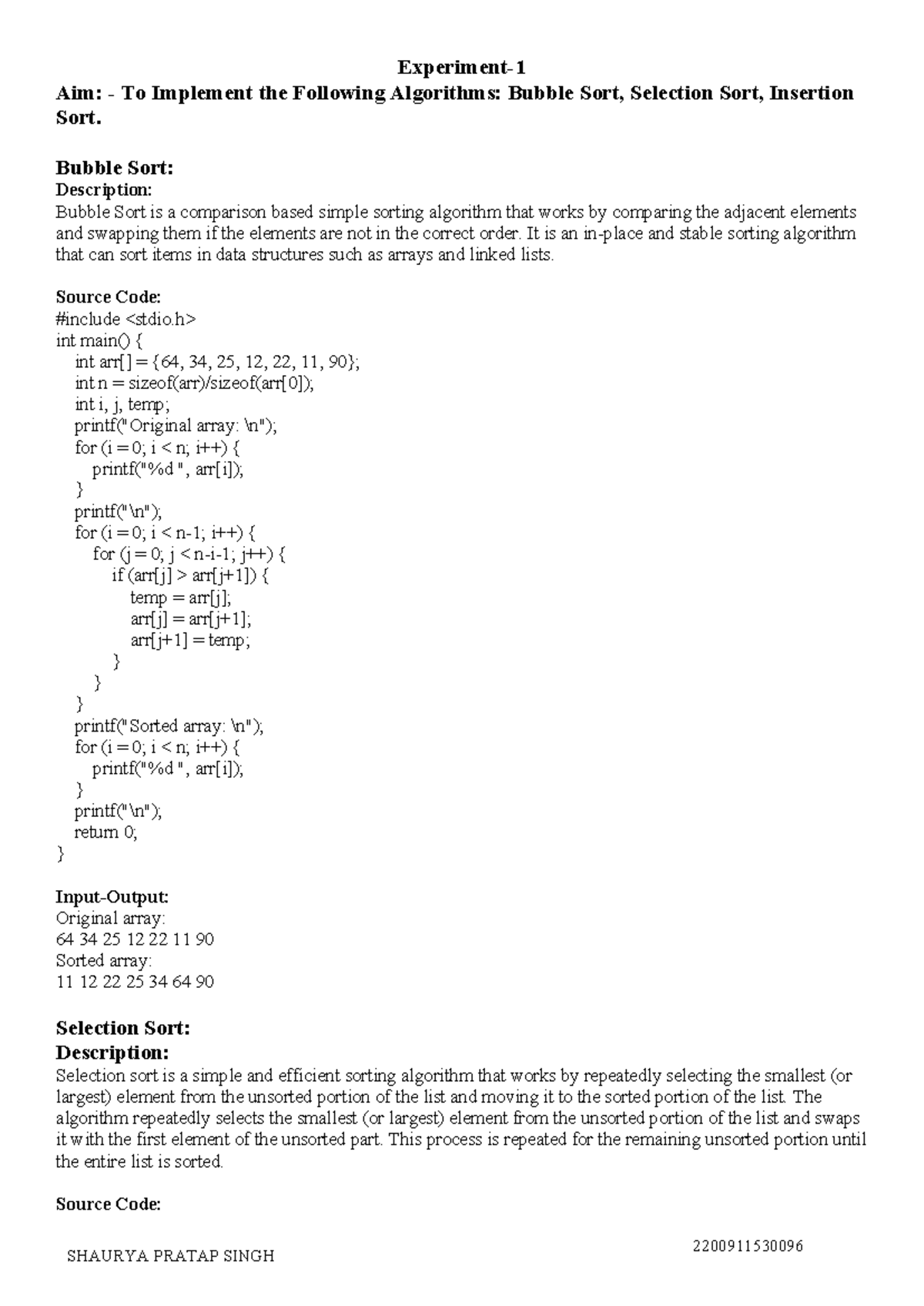 DAA(All sorting) - 2200911530096 Experiment- Aim: - To Implement the Following Algorithms ...