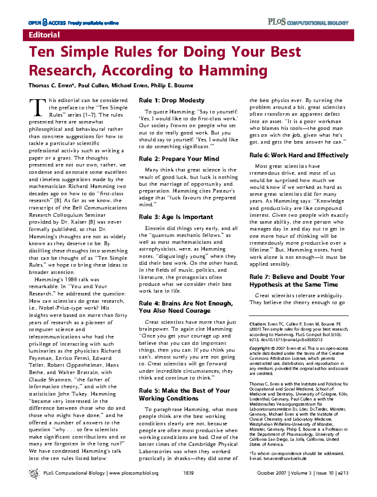 Ten Simple Rules Collection - Editorial Ten Simple Rules for Doing Your ...