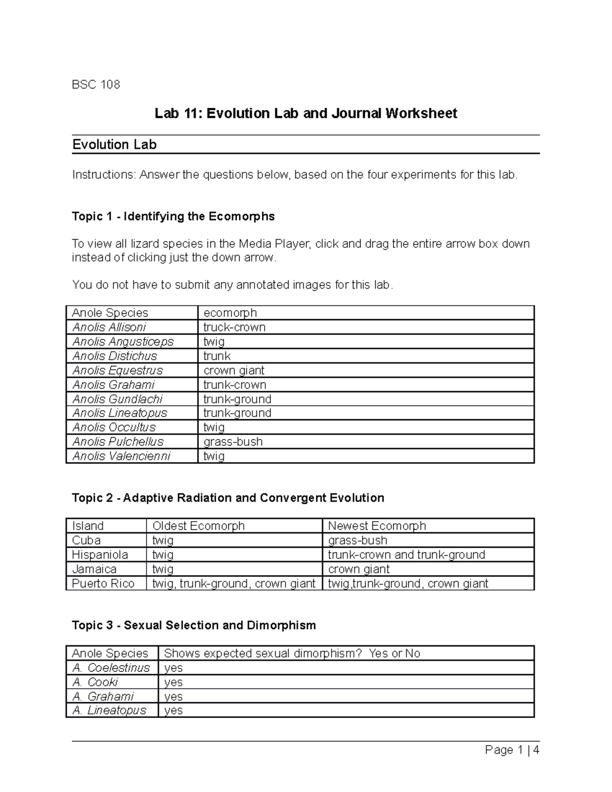 Lab 11 report bsc 108 - BSC 108 Lab 11: Evolution Lab and Journal Worksheet Evolution Lab - Studocu