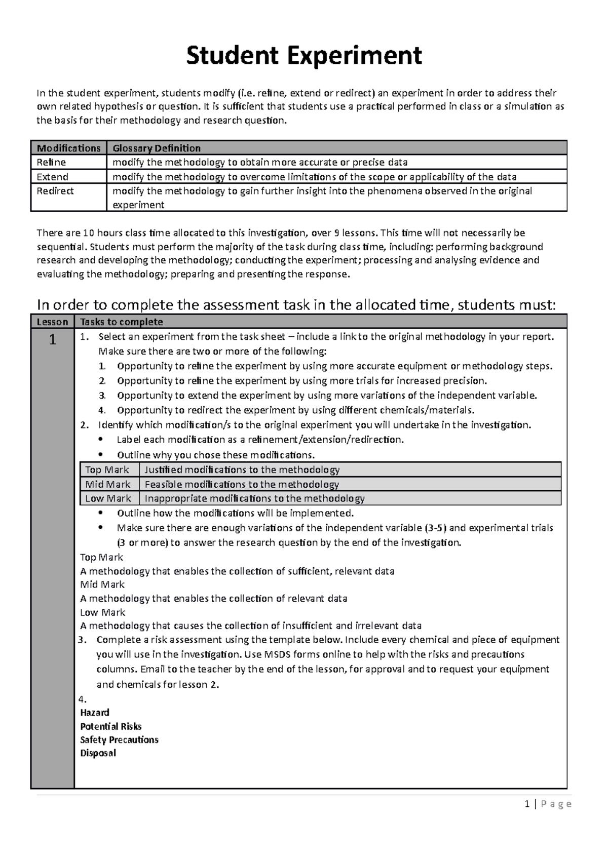Student Experiment Lesson Goals - Student Experiment In the student ...