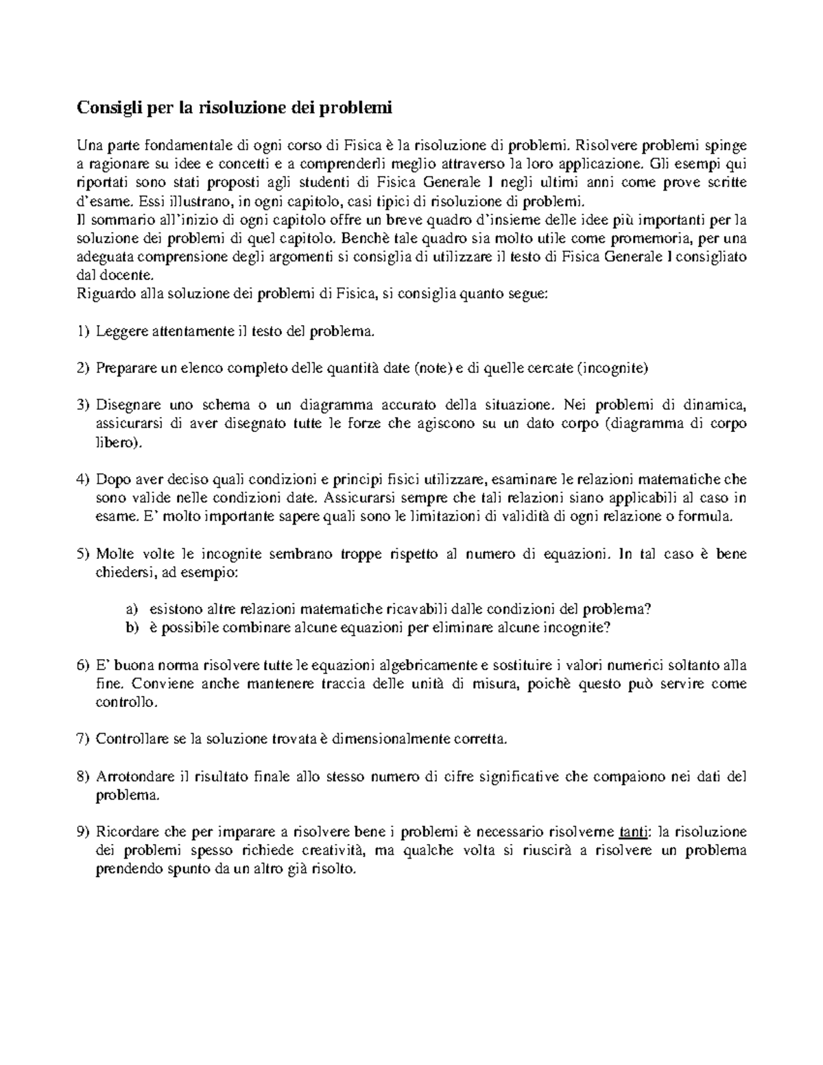 Esercizi fisica svolti pdf - Consigli per la risoluzione dei problemi ...