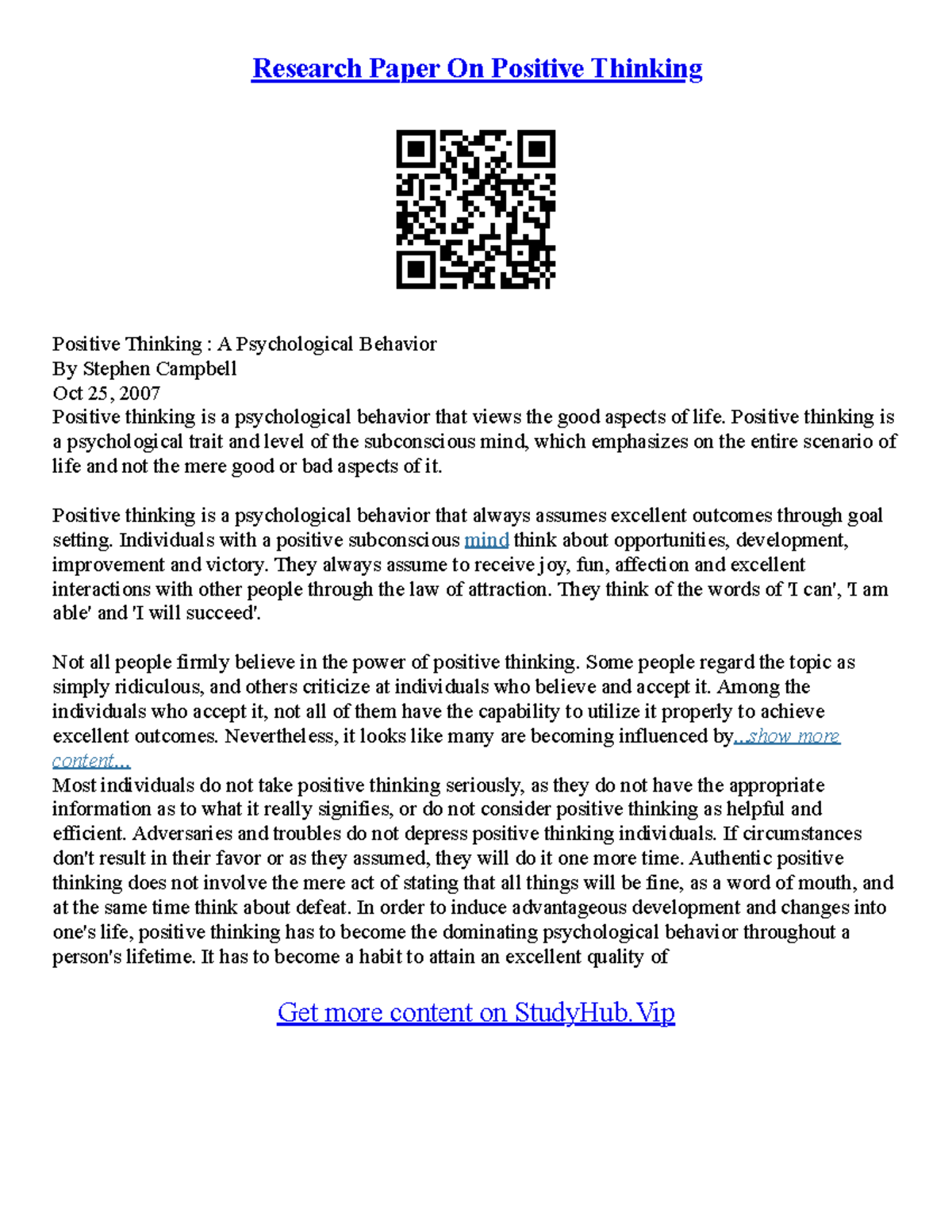 Power Of Positive Thinking Essay - Research Paper On Positive Thinking ...