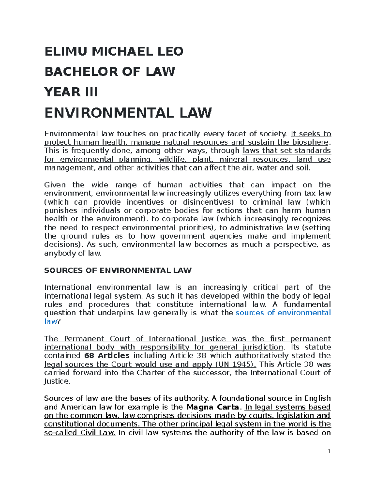 Environmental LAW III-1 - Bachelor of Laws - Studocu