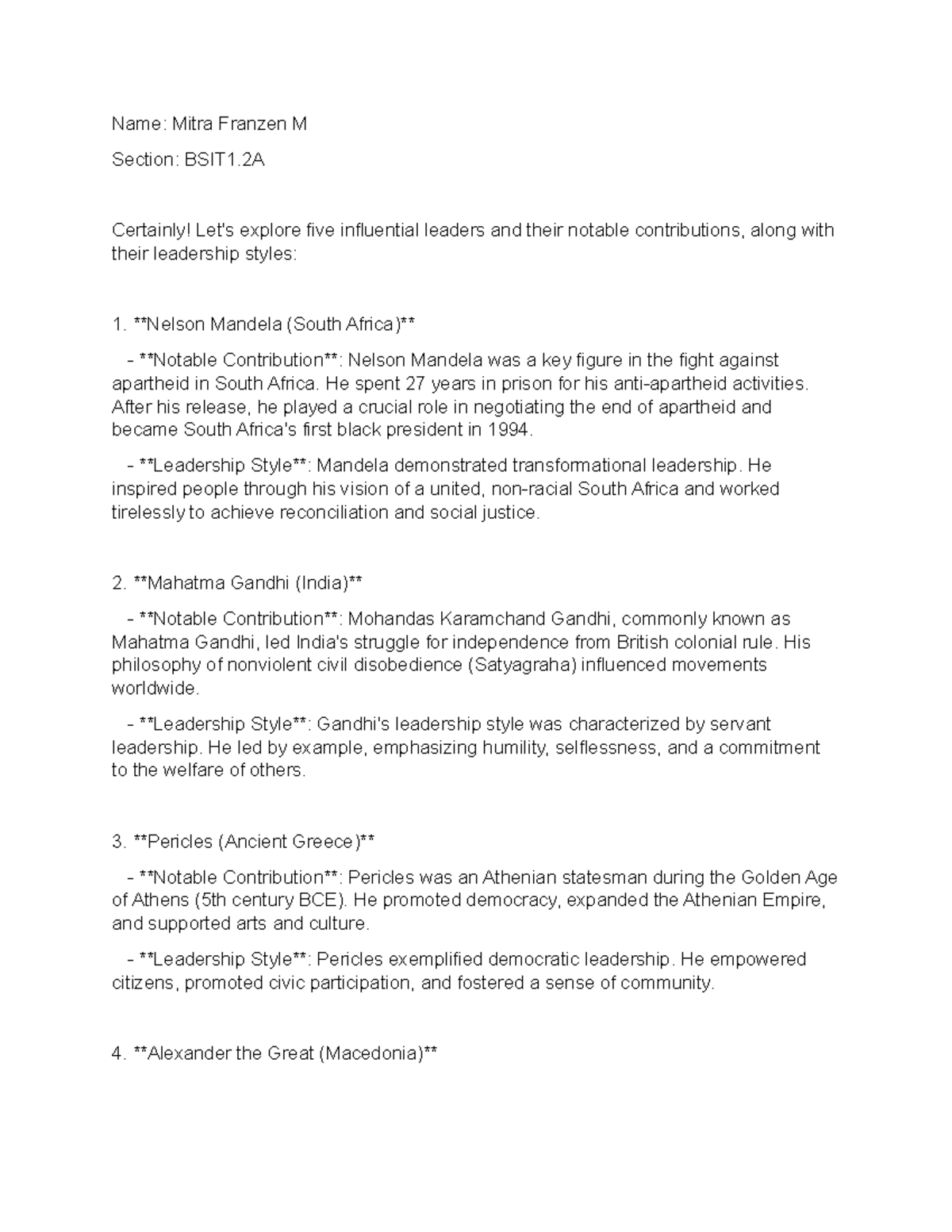 Leadership - helpful - Name: Mitra Franzen M Section: BSIT1 Certainly ...
