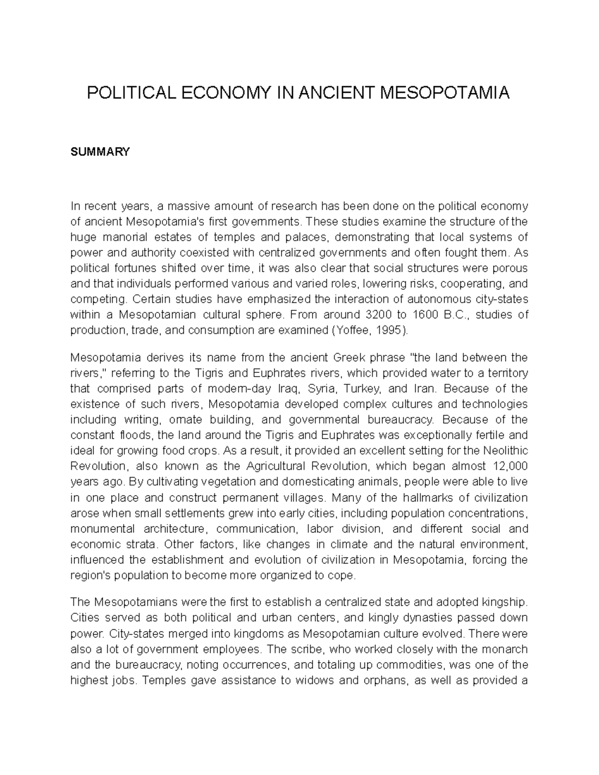 Political Economy IN Ancient Mesopotamia Summary - POLITICAL ECONOMY IN ...