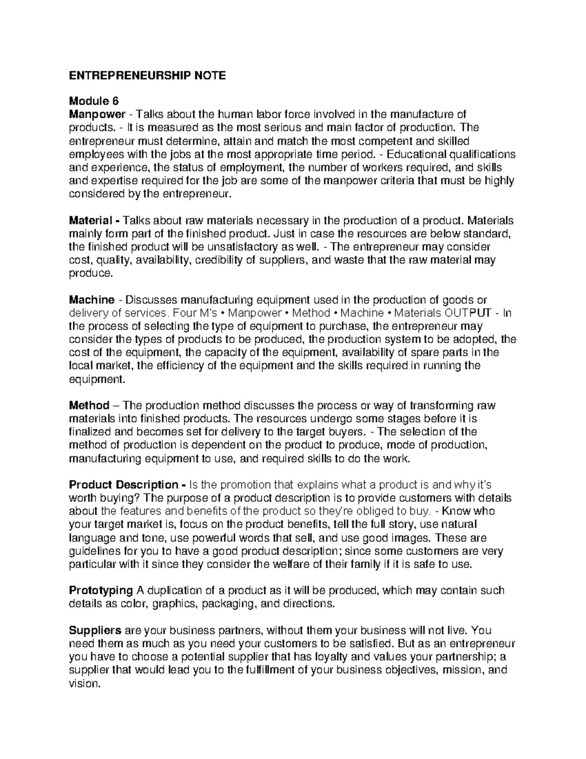 Entrepreneurship- Notes-1 - ENTREPRENEURSHIP NOTE Module 6 Manpower ...