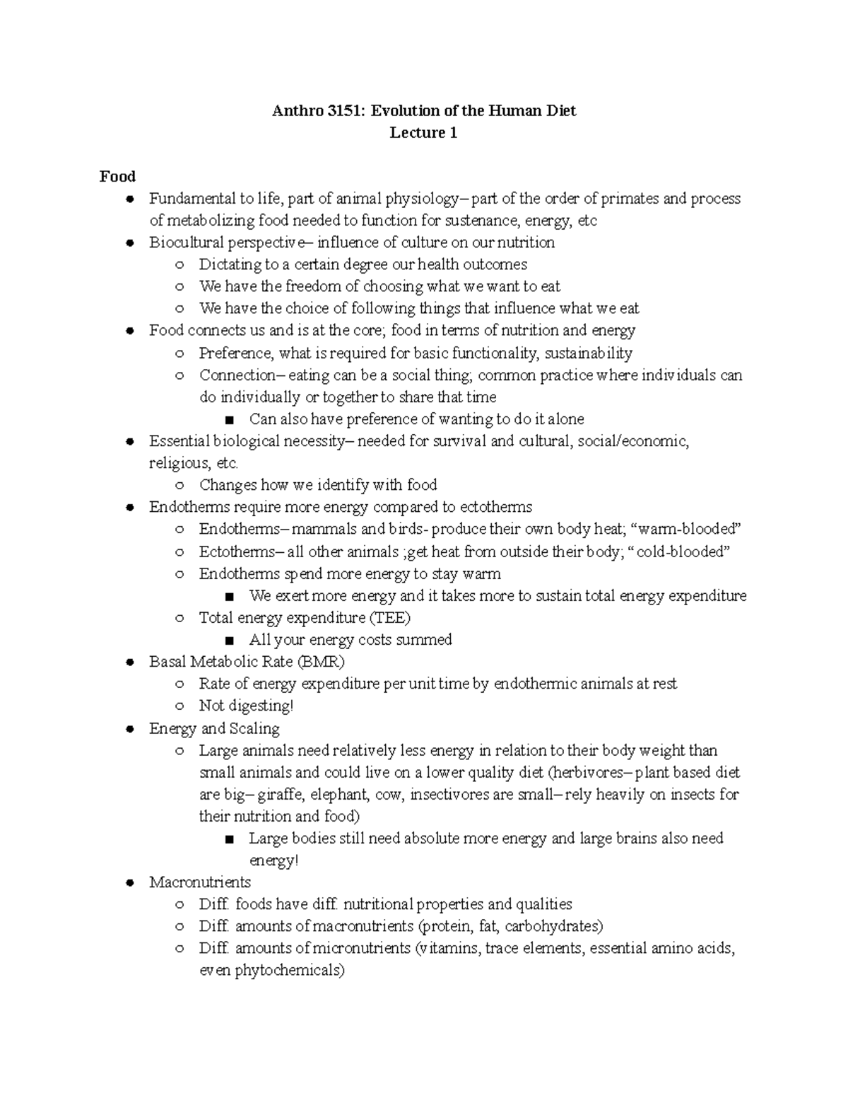 Anthro 3151 Lecture Notes - Anthro 3151: Evolution of the Human Diet ...