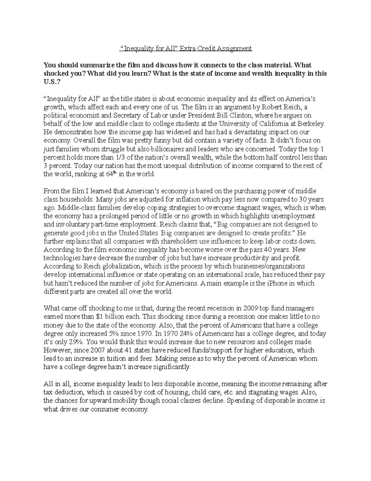 Extra Credit "Inequality for All" - “Inequality for All” Extra Credit ...