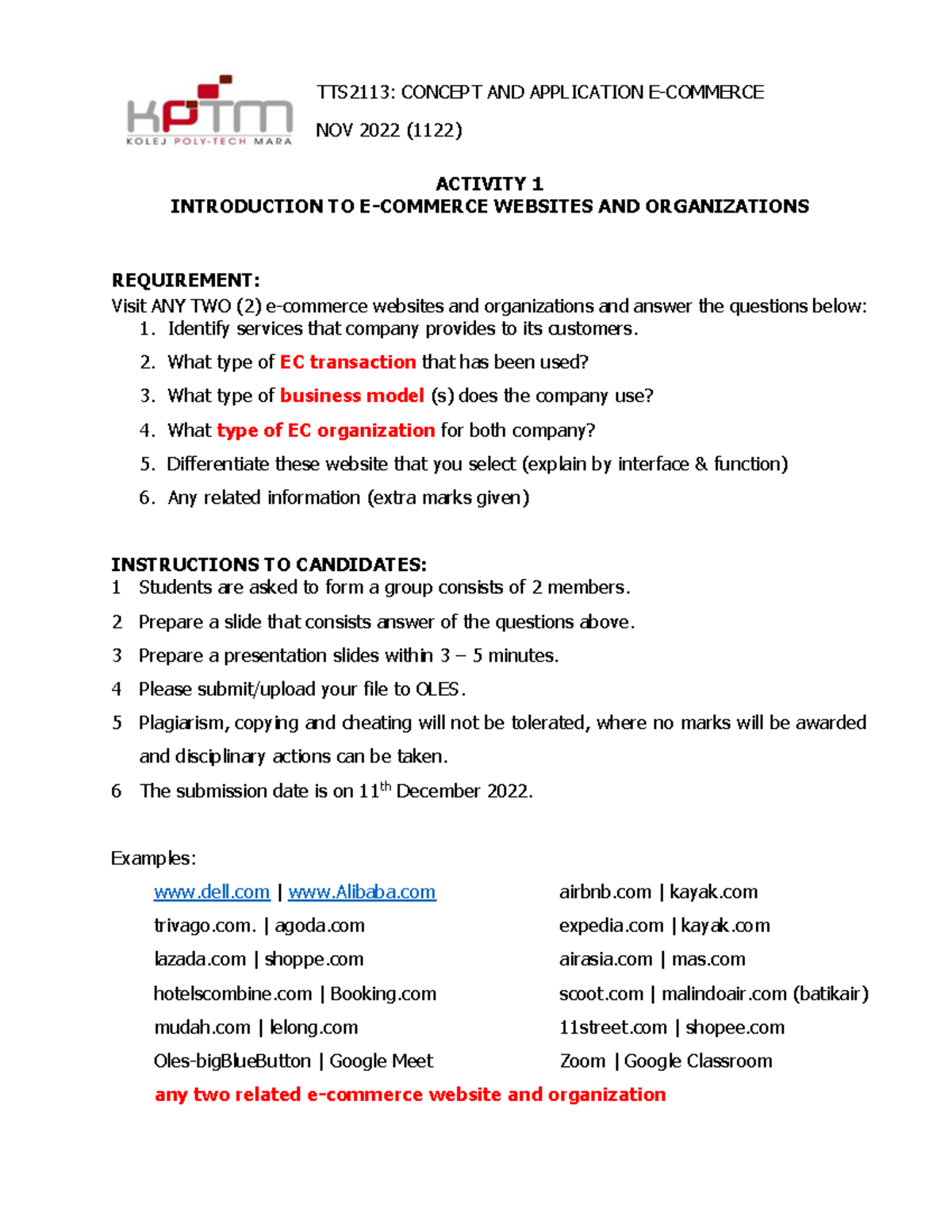Activity 1 - TTS2113: CONCEPT AND APPLICATION E-COMMERCE NOV 2022 (1122 ...
