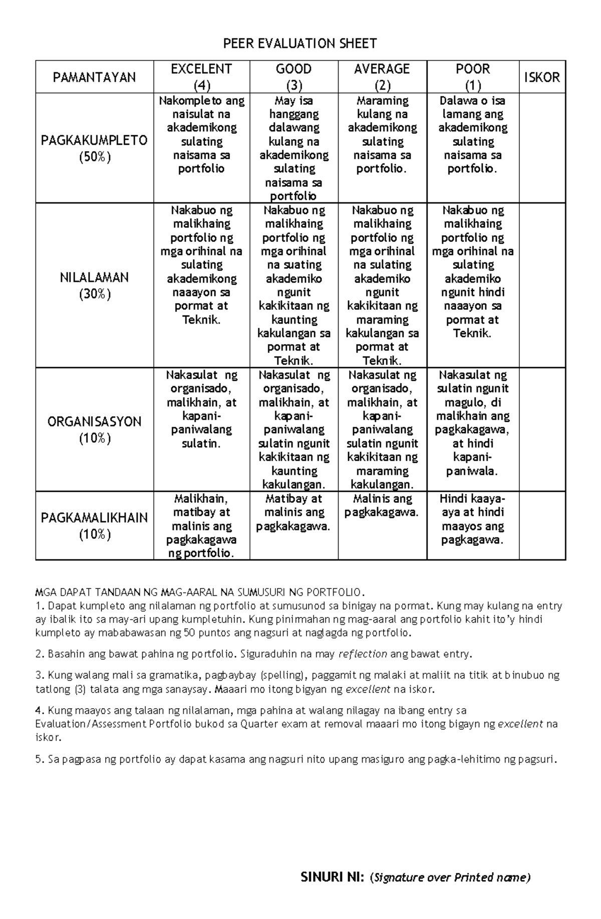 PEER- Evaluation- Sheet - SINURI NI: (Signature over Printed name) PEER ...