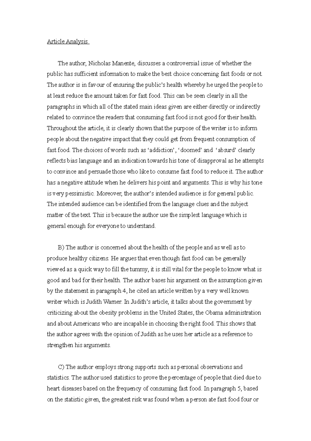 Article Analysis - Article Analysis The author, Nicholas Manente ...