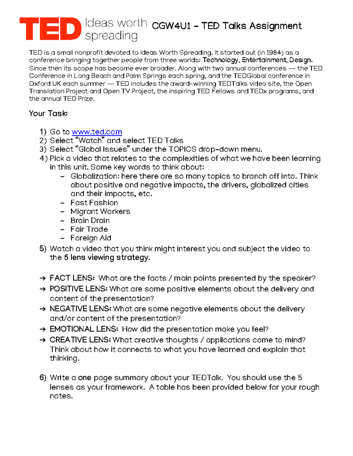 Yuval Munz - TEDTalks Assignment - CGW4U1 - TED Talks Assignment TED is ...