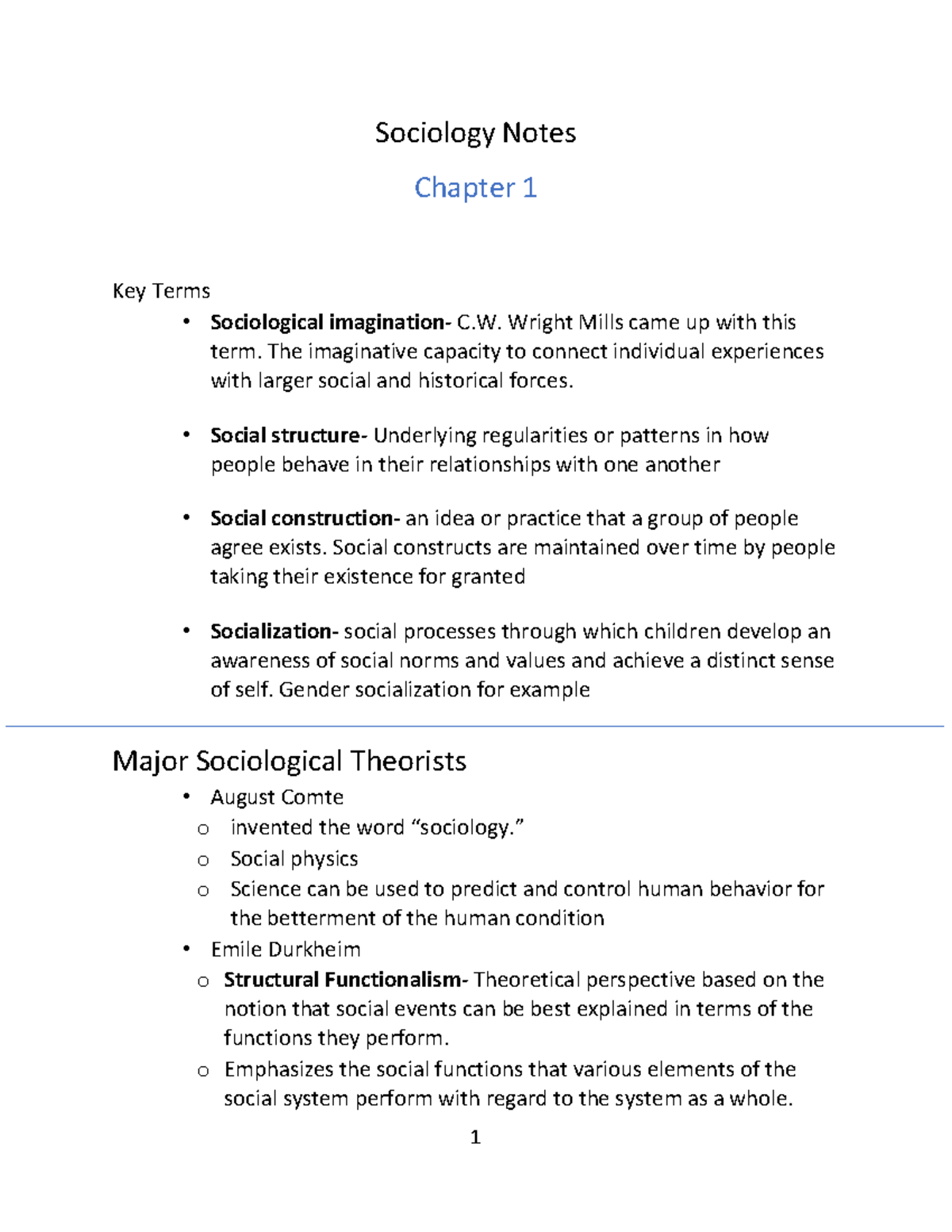 Sociology Notes - 1 Sociology Notes Chapter 1 Key Terms - Sociological ...