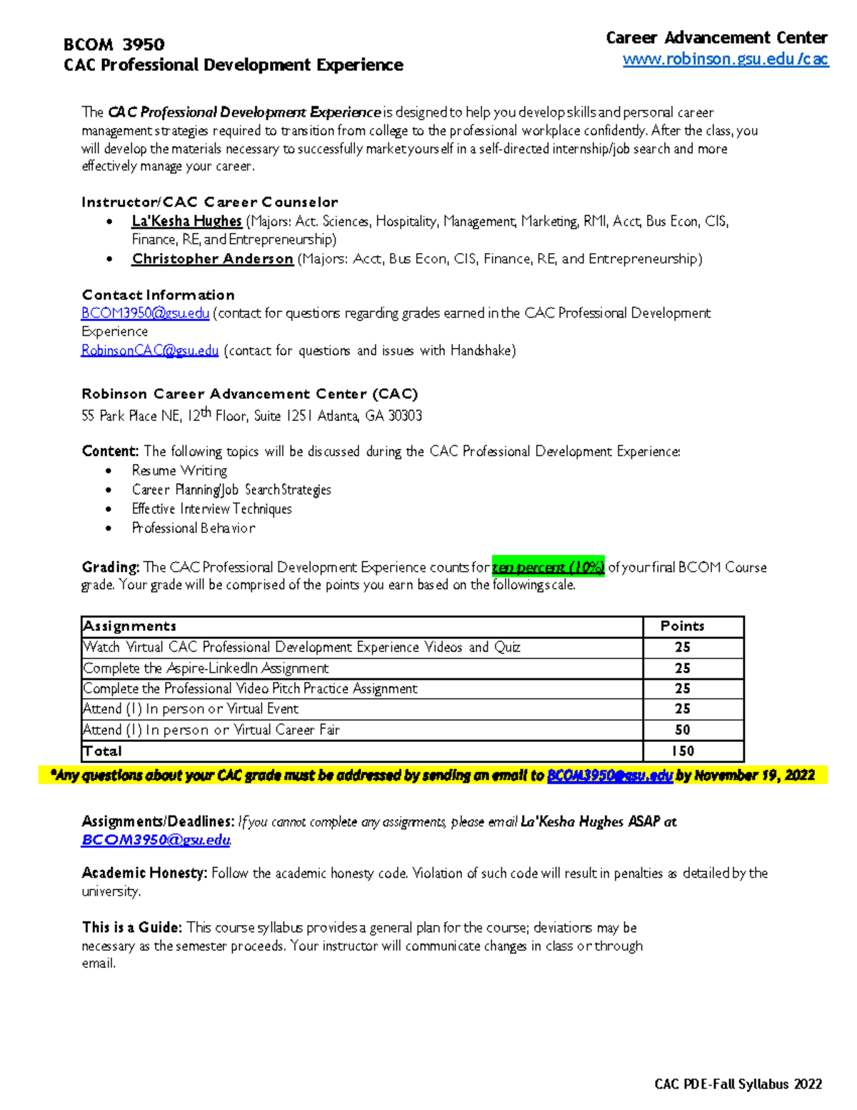 BCOM-CAC Professional Development Experience Syllbus Fall 2022 - BCOM 3950 CAC Professional ...
