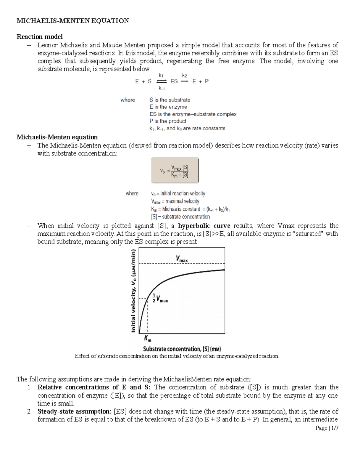 Lec 02 Enzyme Kinetics 010744 - MICHAELIS-MENTEN EQUATION Reaction ...