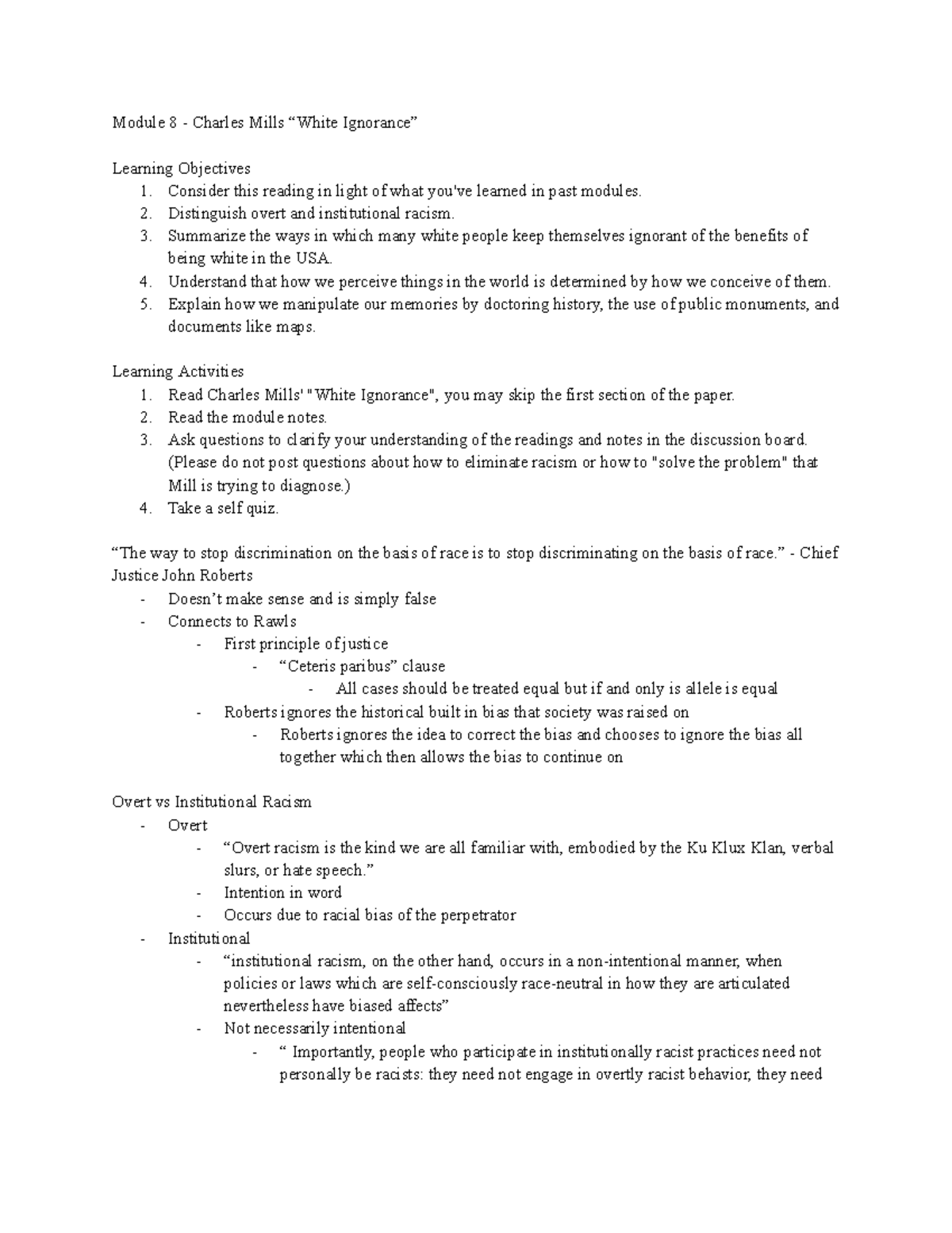 Module Notes - Module 8 - Charles Mills “White Ignorance” Learning ...