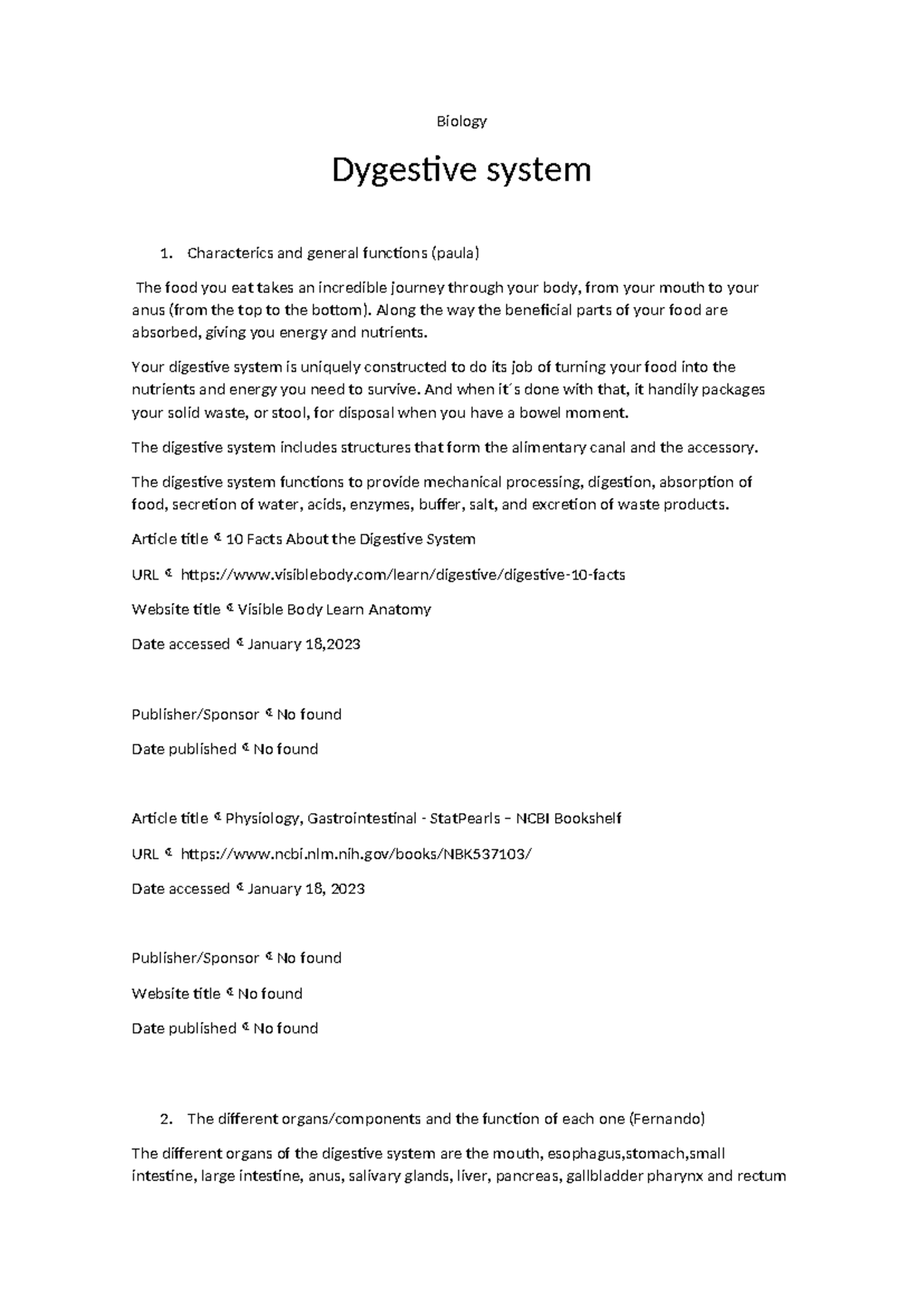 Digestive system - Biology Dygestive system 1. Characterics and general ...