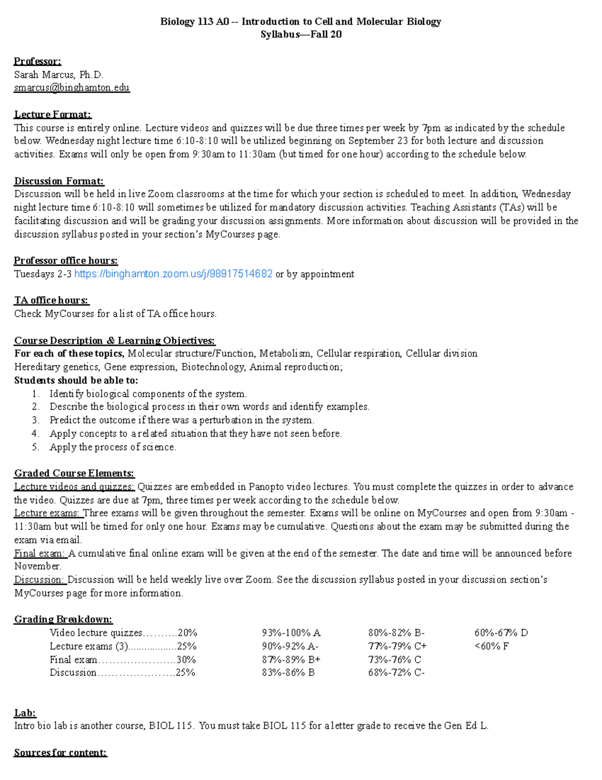 Bio 113 Lecture Syllabus Fall20 Biology 113 A0 Introduction To Cell