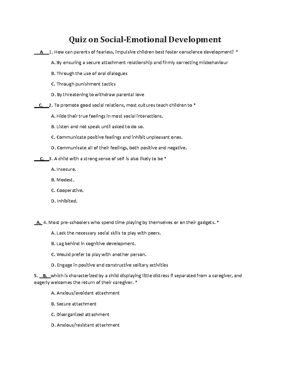 Practice Quiz on Social-Emotional Development - BS Psychology - PUP ...