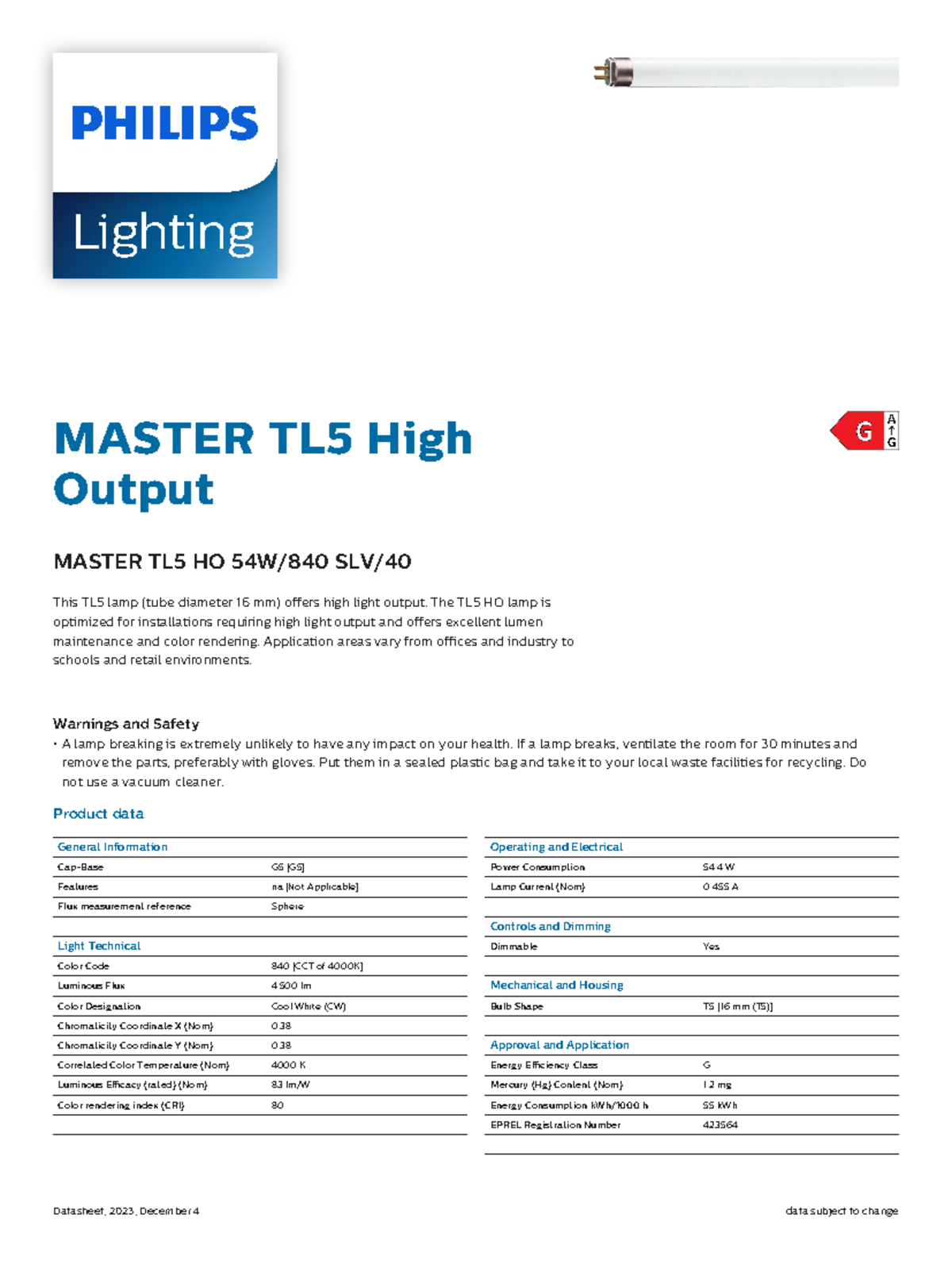 TL5 54W 840 - TL5 - MASTER TL5 High Output MASTER TL5 HO 54W/840 SLV ...