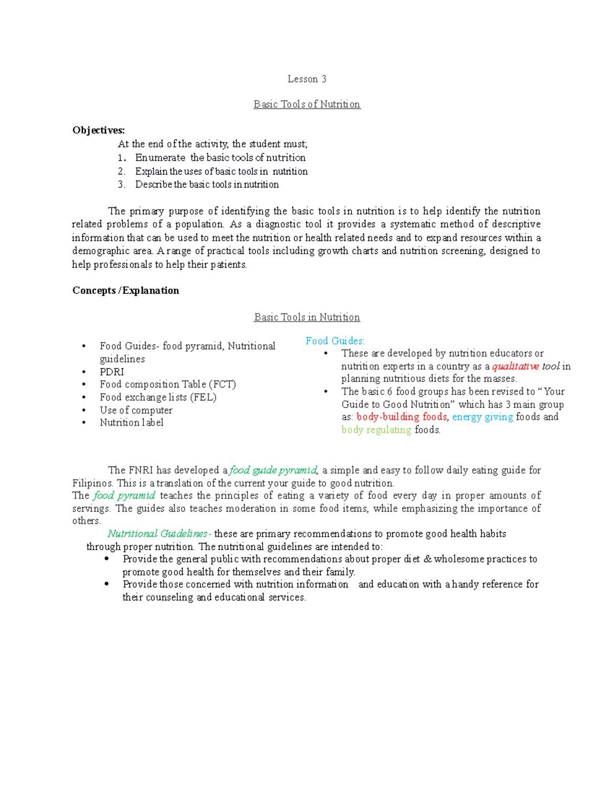 Lesson 3 WK 5 6 - Lesson 3 Basic Tools of Nutrition Objectives: At the ...