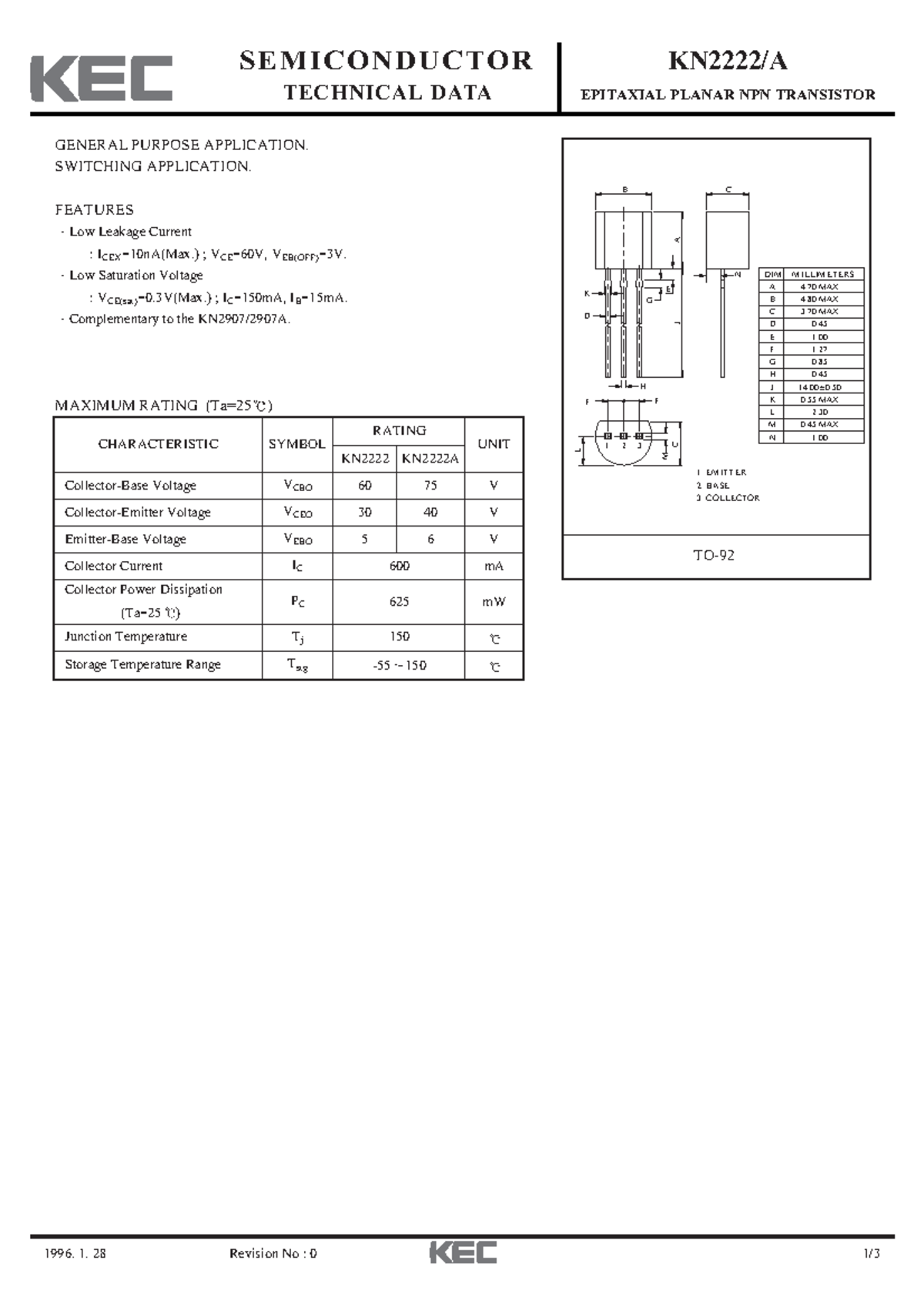 KN2222 - xsssssssssssssssssssss - 1996. 1. 28 1/ SEMICONDUCTOR ...
