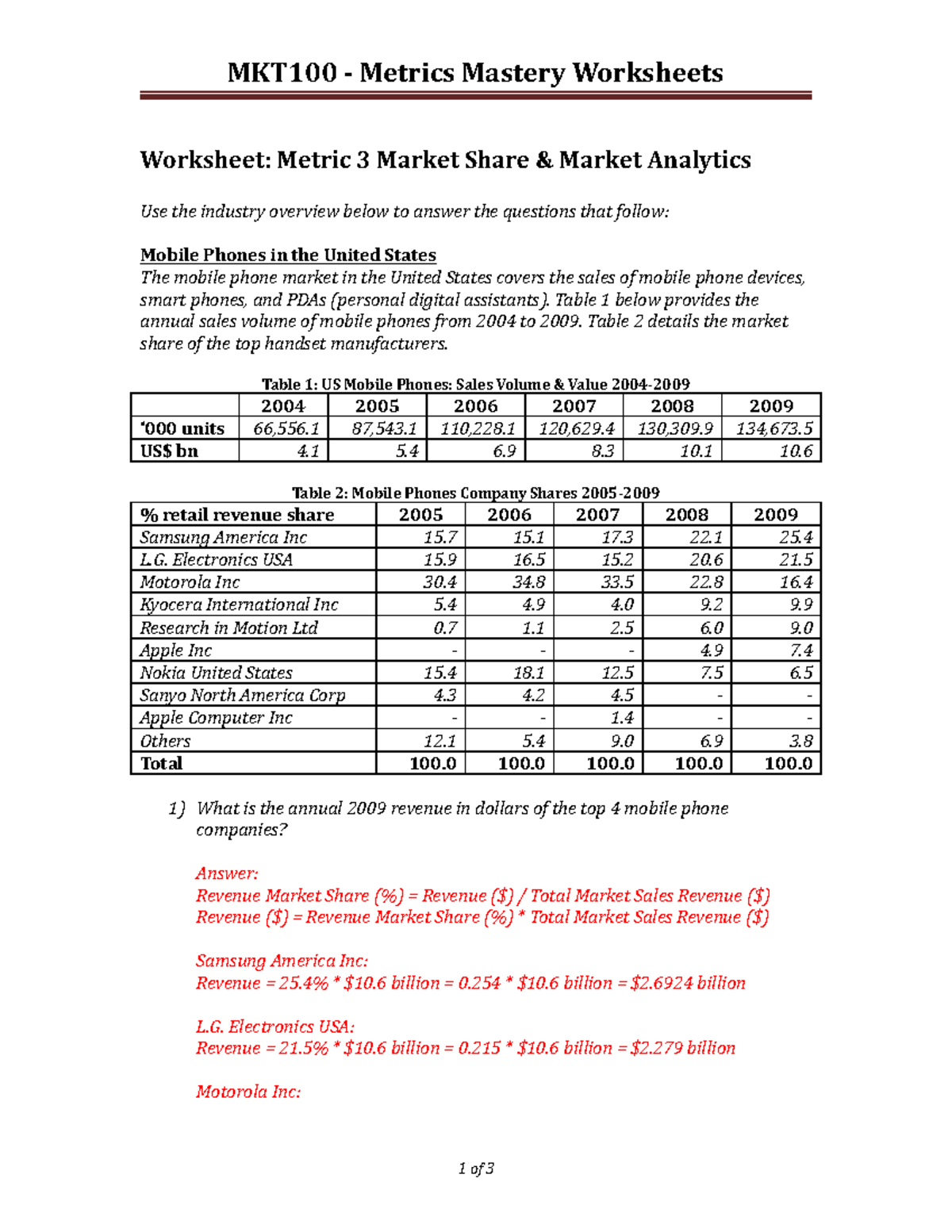 Metrics 3 Metrics Mastery Worksheets - MKT100 - Metrics Mastery ...