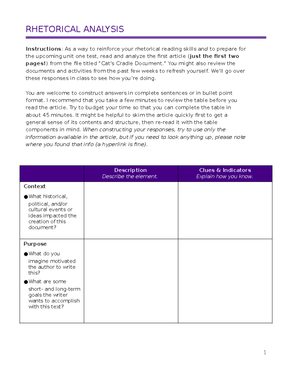 Cat's Cradle Chart - RHETORICAL ANALYSIS Instructions: As a way to ...