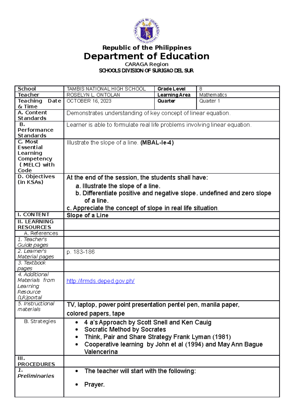 Integrative Lesson PLAN kakal - Republic of the Philippines Department ...
