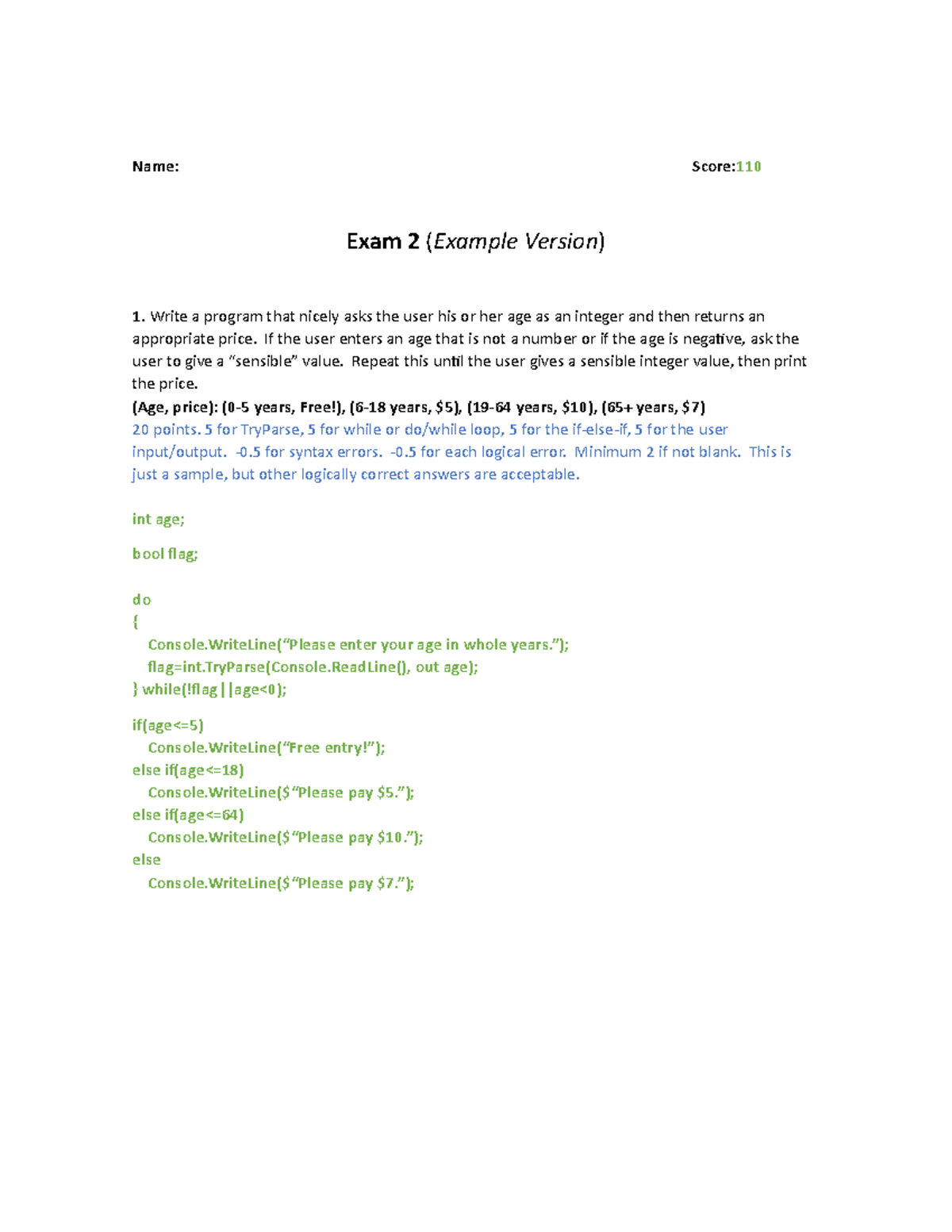 Practice Exam Two Answers - Name: Score: 110 Exam 2 (Example Version ...