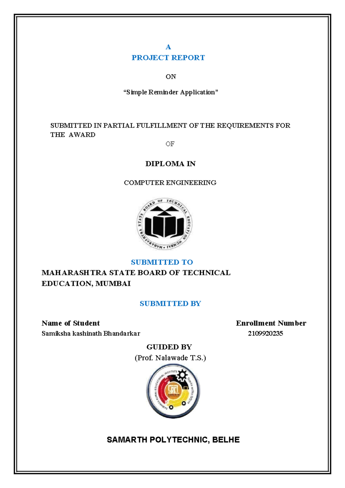 MAD 22617 Report on Simple Reminder Application Fourth Micro project ...