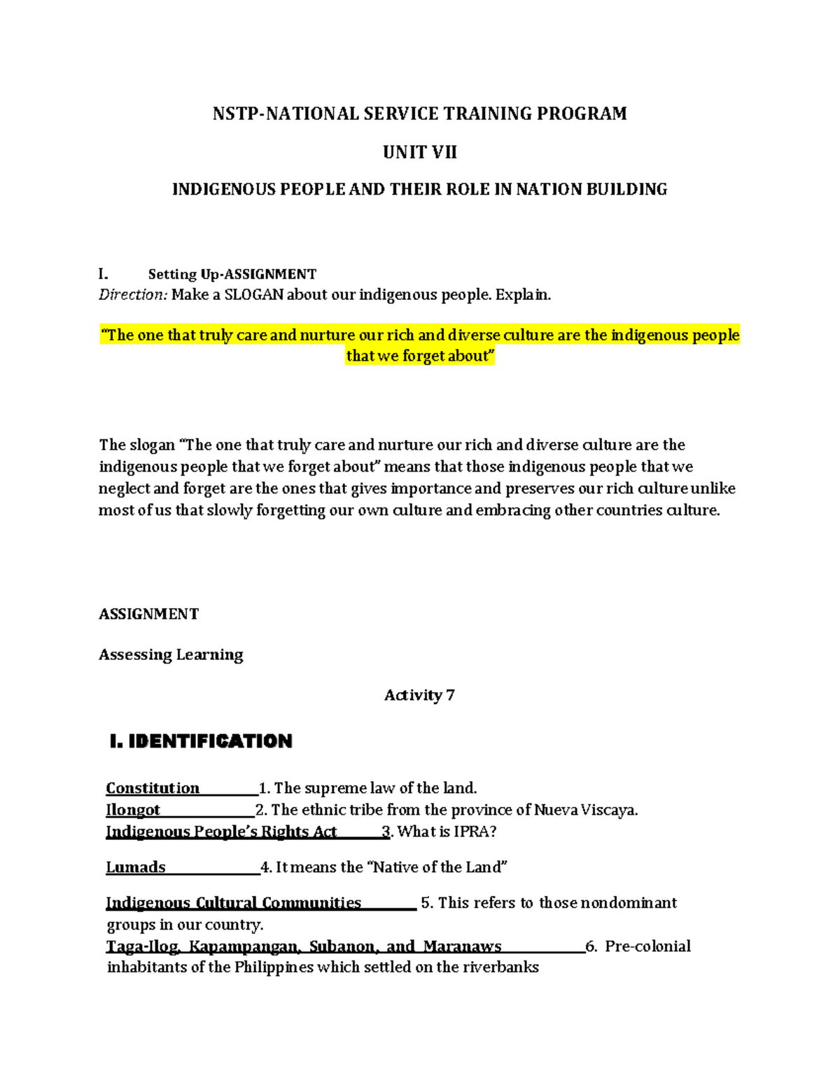 NSTP UNIT VII Indigenous People AND Their ROLE IN Nation Building ...