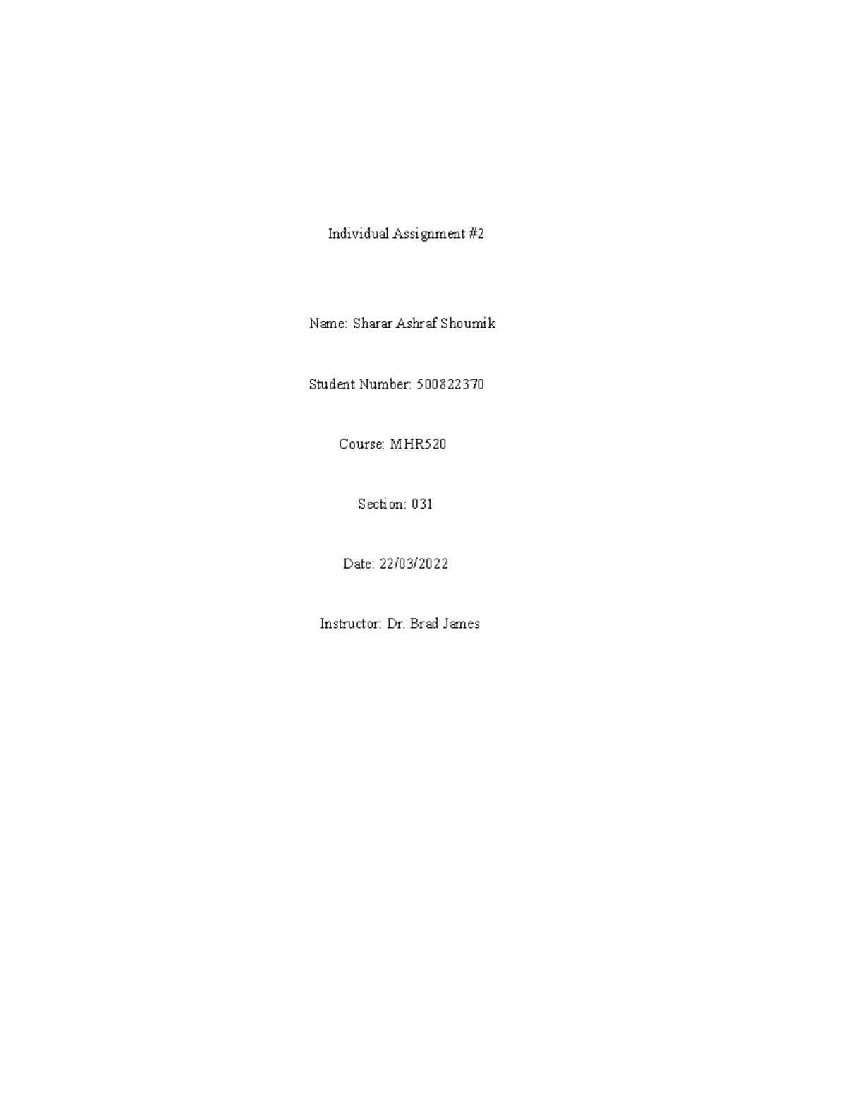 MHR520 Assignment 2 - Individual Assignment # Name: Sharar Ashraf Shoumik Student Number ...