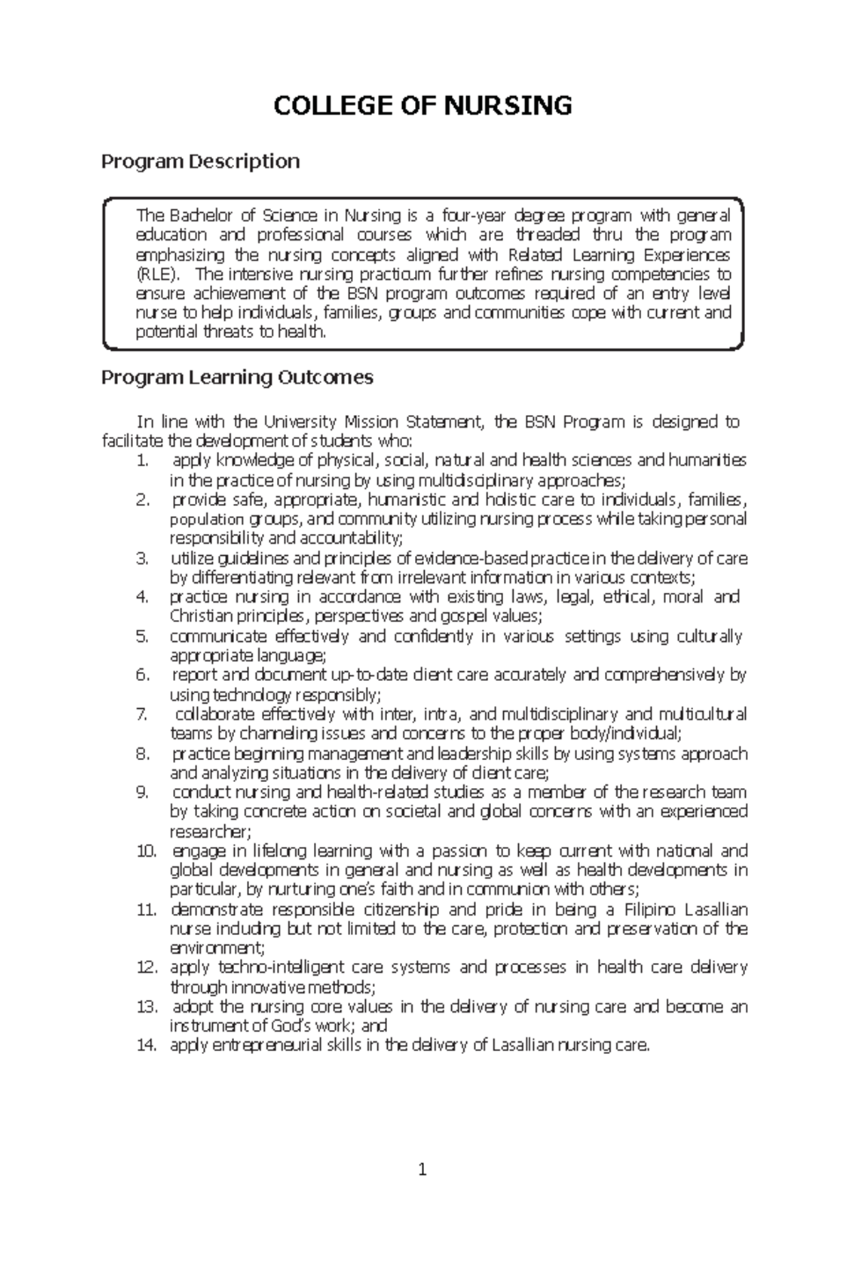 College OF Nursing - Nnnnnn - COLLEGE OF NURSING Program Description ...