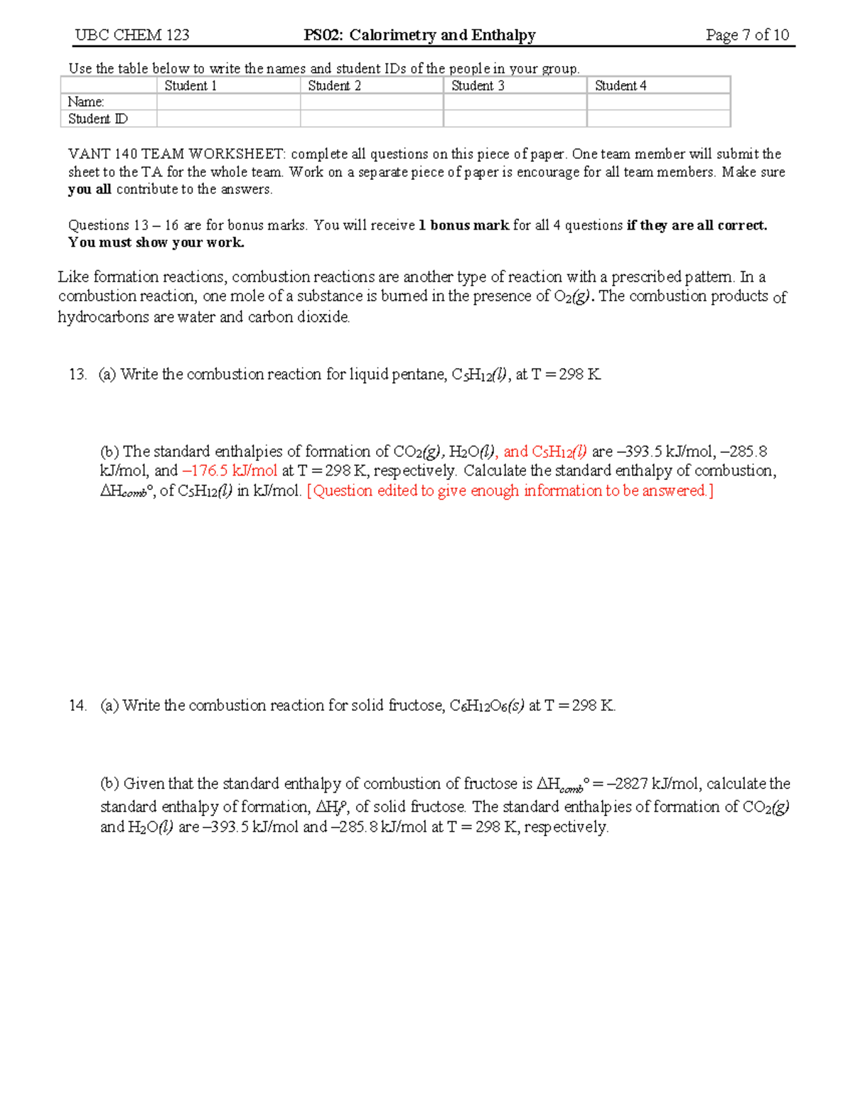 2023S-VANT140-Tutorial 2C - UBC CHEM 123 PS02: Calorimetry and Enthalpy ...