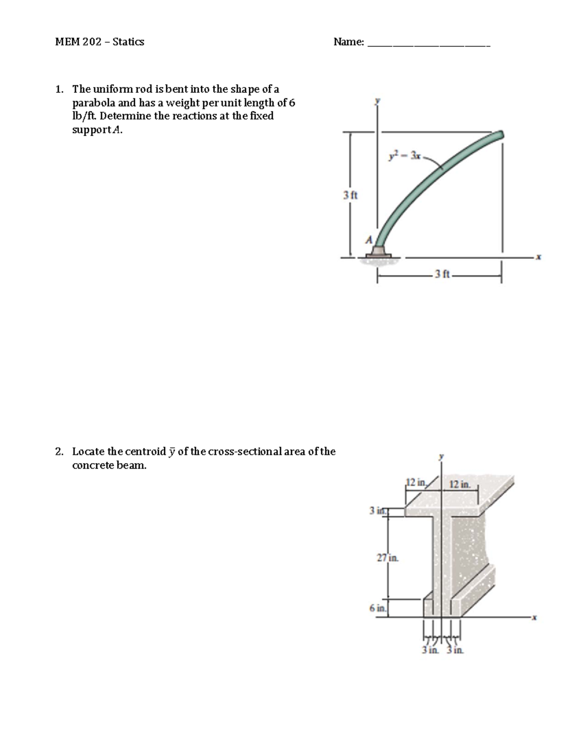 L10 - Chapter 5 - Centroids and Distributed Loads - Handout - MEM 201 ...