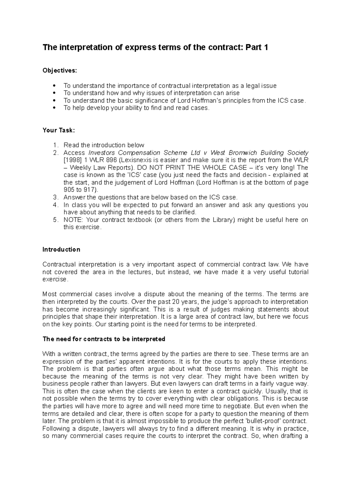 Tutorial week 17 Contract interpretation - The interpretation of express terms of the contract ...