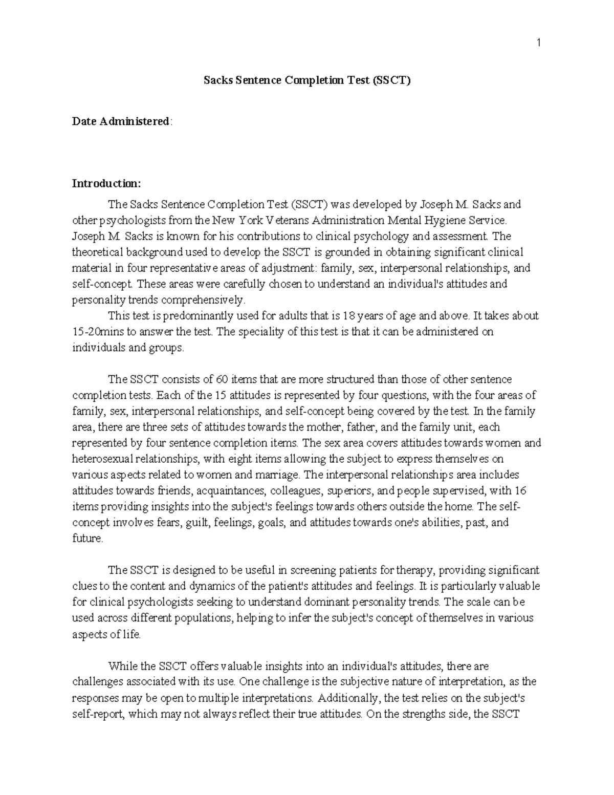 Report- Sack's Sentence Completion Test - Sacks Sentence Completion ...