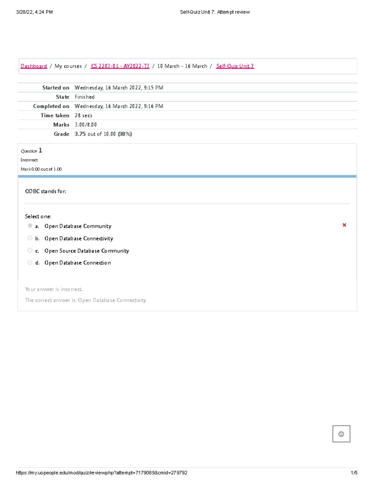 Self-Quiz Unit 7 Attempt review - CS 2203 - UoPeople - StuDocu