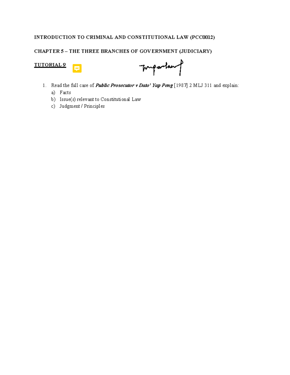 Tutorial topic 5 - introduction to criminal law - INTRODUCTION TO ...