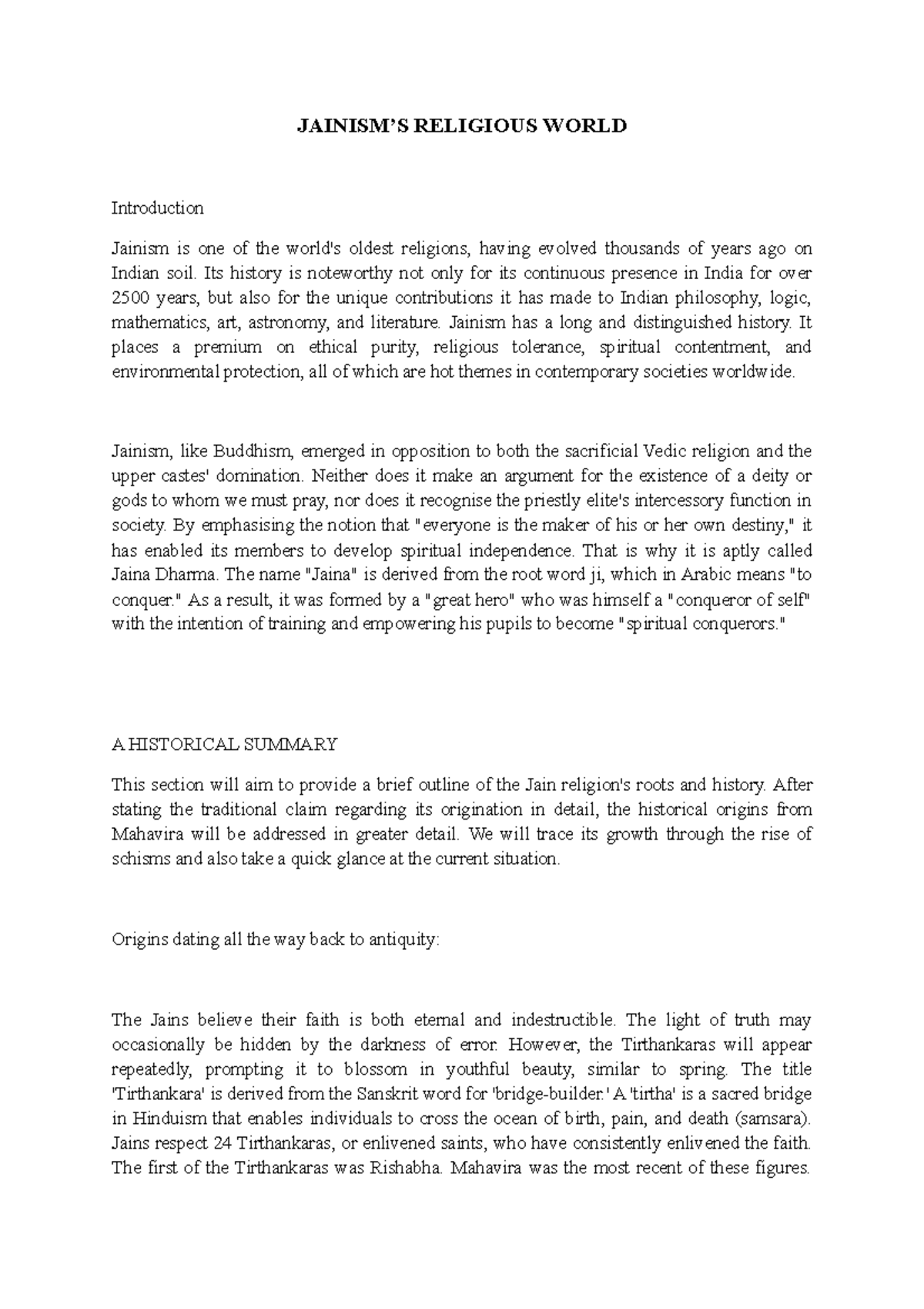 Jainism’S Religious World - JAINISM’S RELIGIOUS WORLD Introduction ...