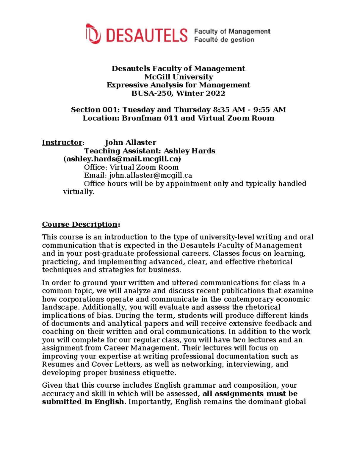 BUSA 250 - 001 Syllabus T Th - Desautels Faculty of Management McGill ...