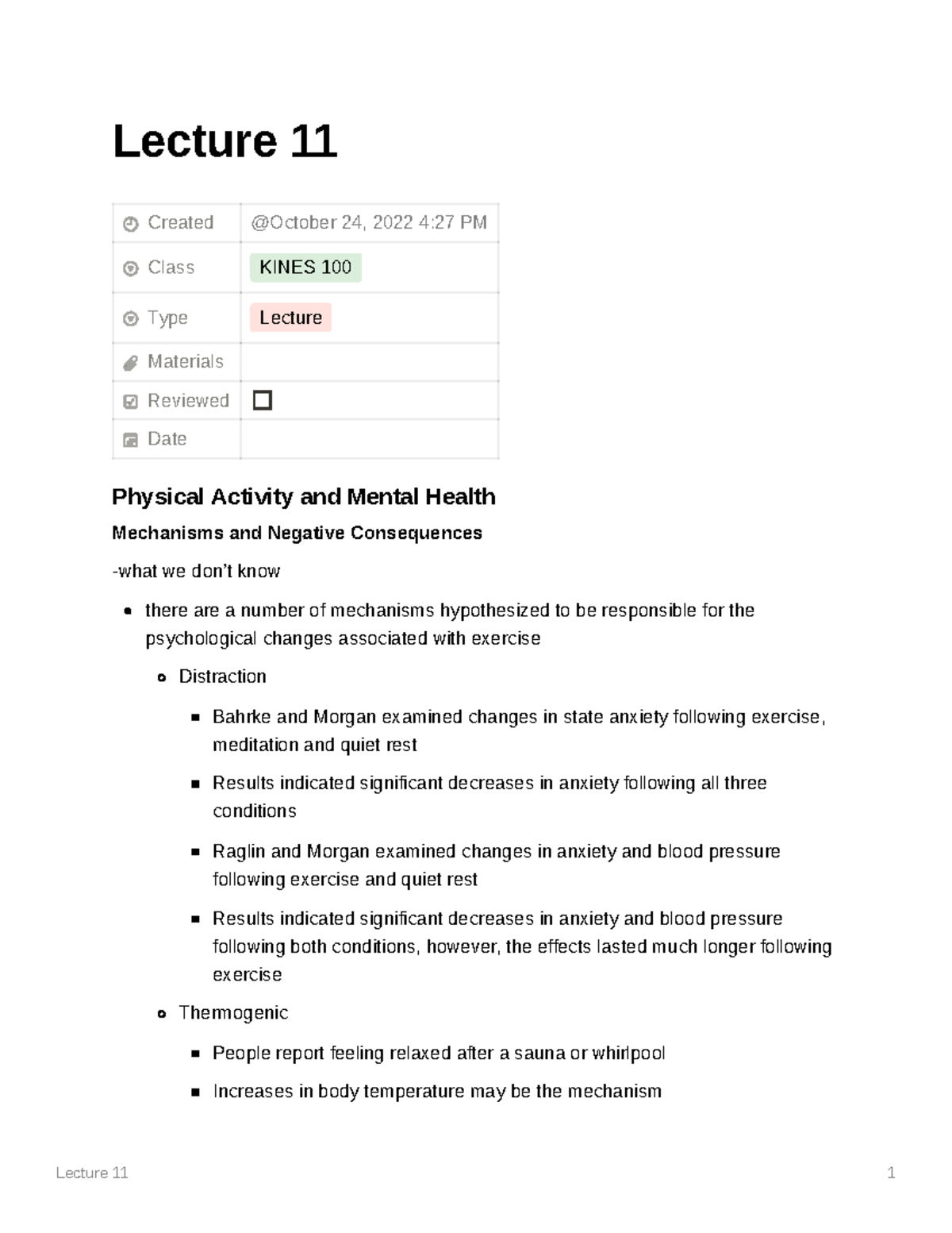 Lecture 11 - Lecture 11 Created Class KINES 100 Type Lecture Materials Reviewed Date Physical ...