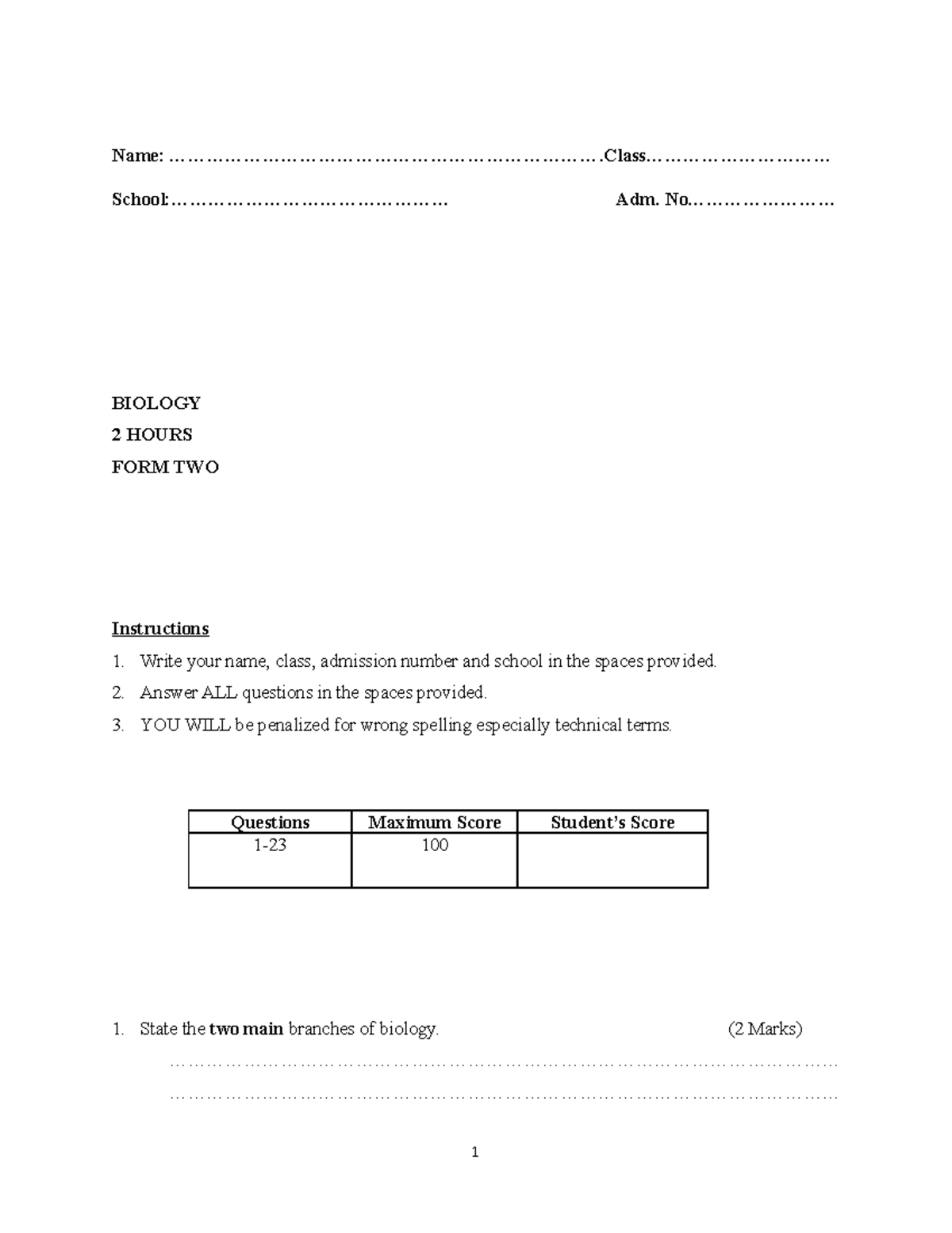 BIO FORM 2 - good - Name: - Studocu