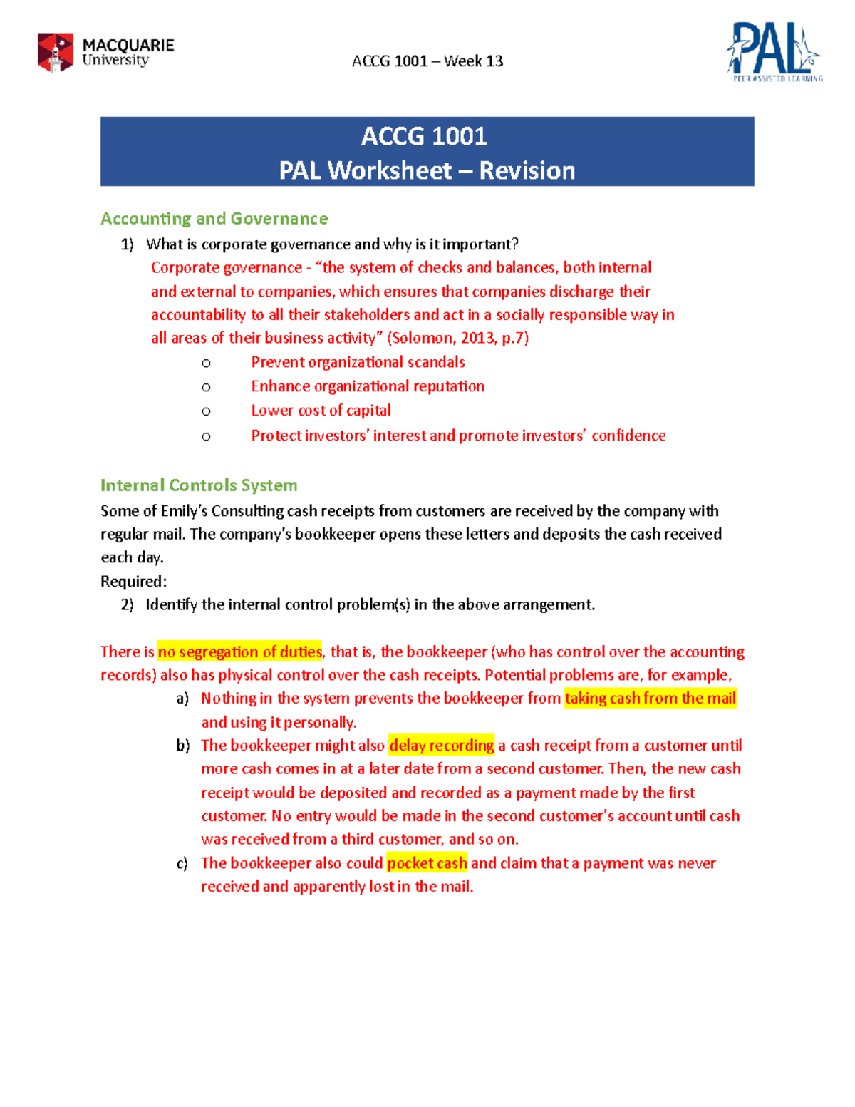 Solutions PAL Revision Worksheet ACCG1001 - ACCG 1001 PAL Worksheet ...