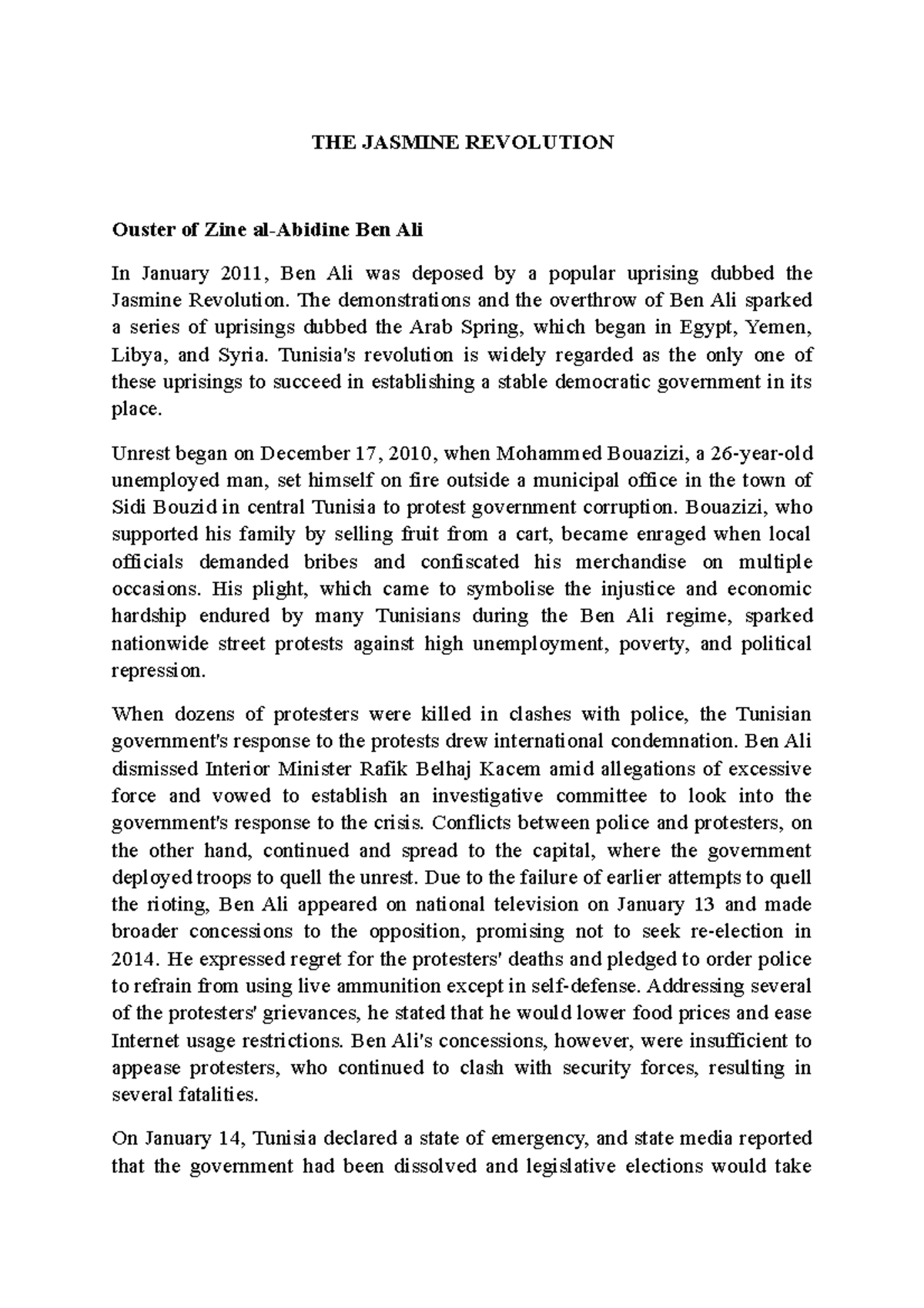 THE Jasmine Revolution - THE JASMINE REVOLUTION Ouster of Zine al ...