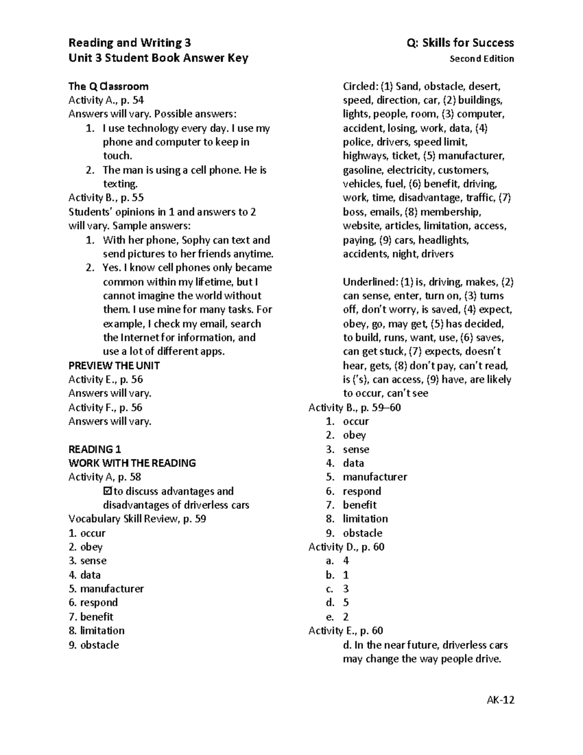 580988914 Q2e RW3 U03 Answer Key - Unit 3 Student Book Answer Key Second Edition The Q Classroom ...