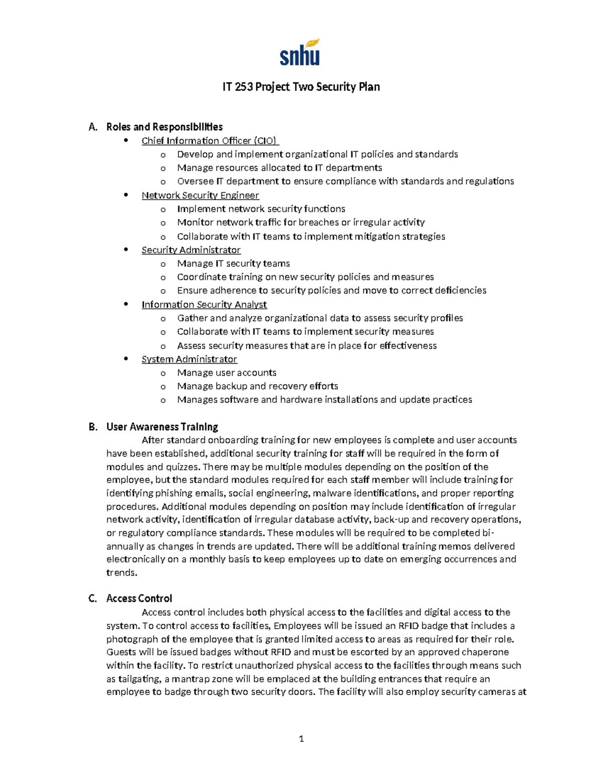 IT 253 Project Two Security Plan - Roles and Responsibilities Chief ...