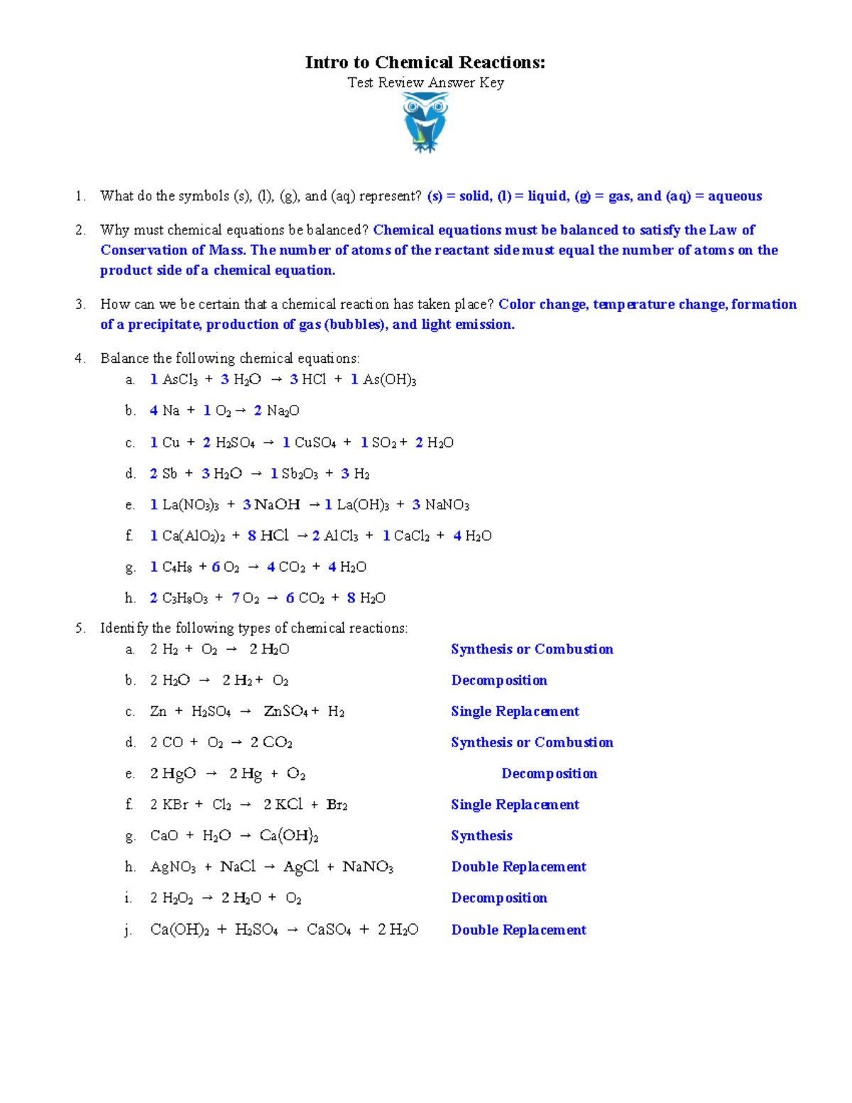Intro to Chemical Reactions Test Review - Answer Key - Intro to ...
